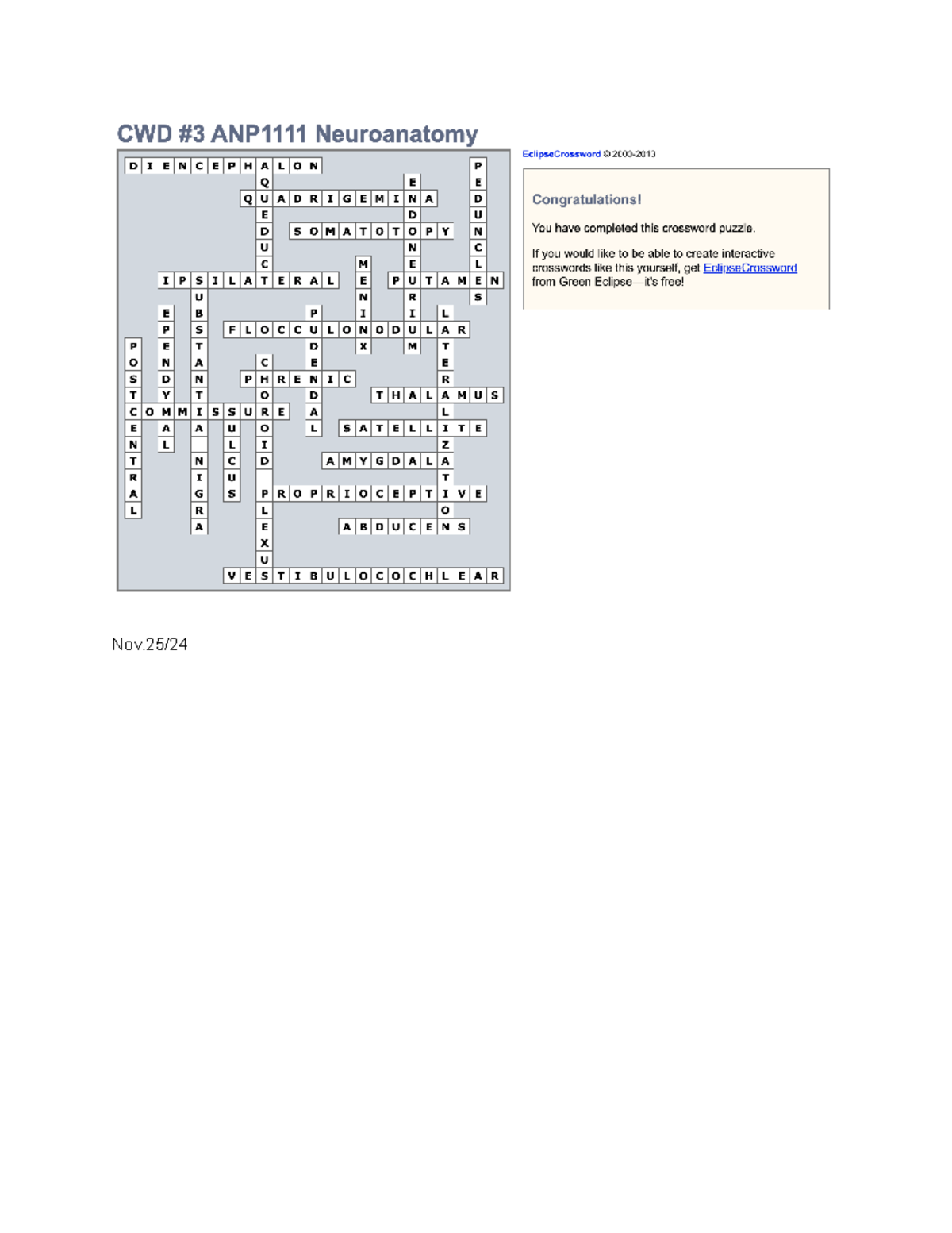 Crossword #3 Anatomy 1111 - ANP1111 - CWD Neuroanatomy Q D G D ul N Cc ...
