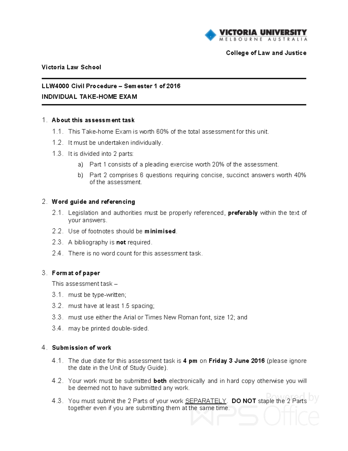 Exam 9 June 2016, questions - College of Law and Justice Victoria Law ...