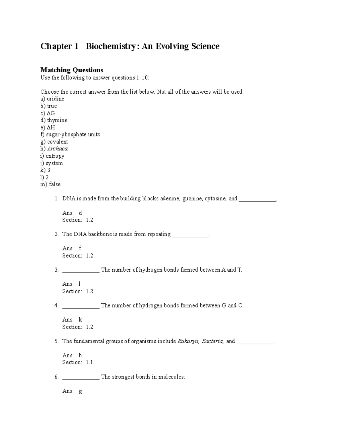 biochemistry 6th Ch01 - solution - Matching Questions Use the following ...