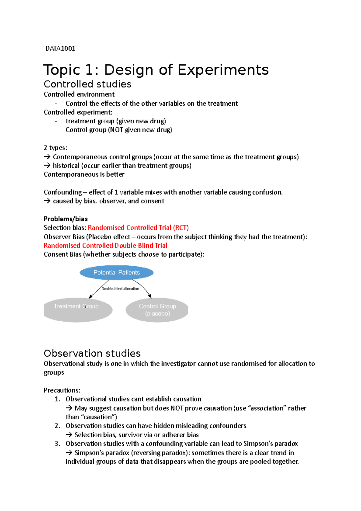 DATA1001 - DATA Topic 1: Design of Experiments Controlled studies Controlled environment ...