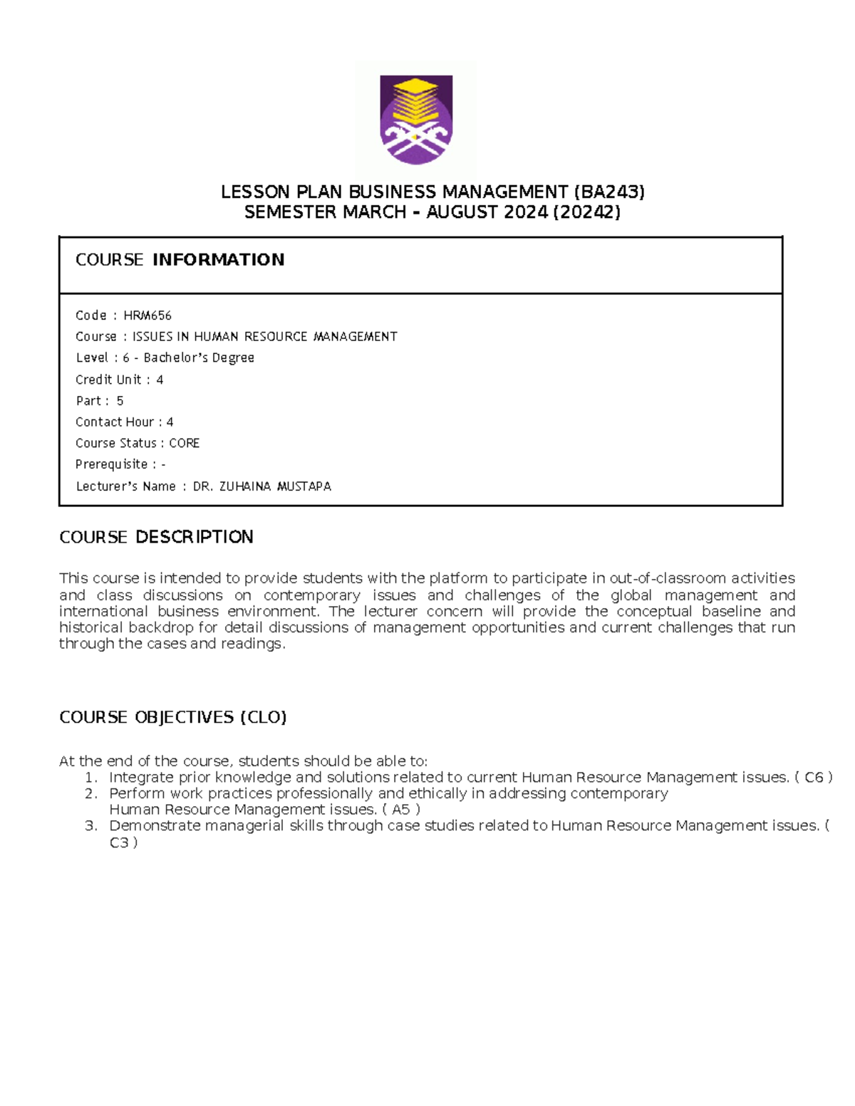 Lesson PLAN HRM656 SEM MAC AUG2024 - LESSON PLAN BUSINESS MANAGEMENT ...