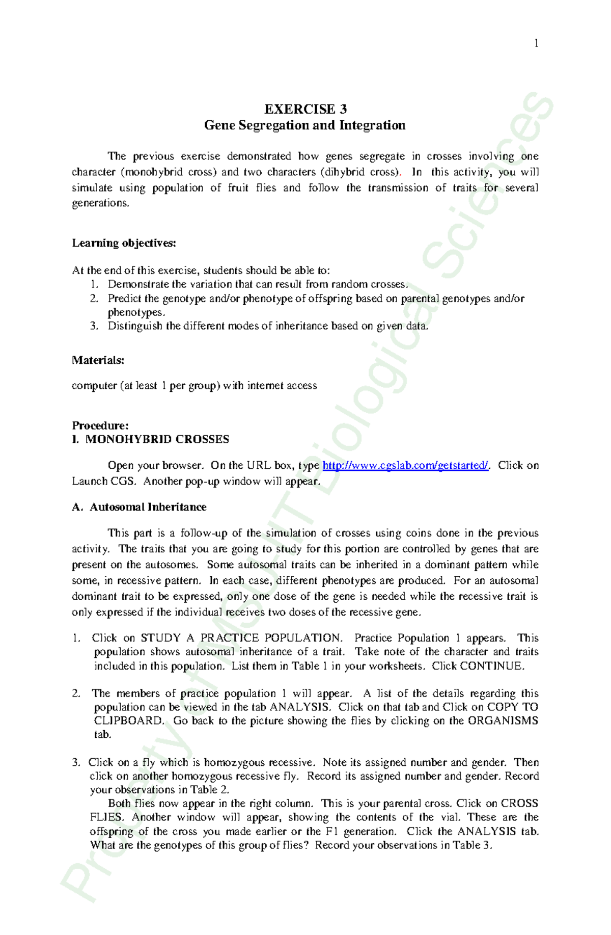 Lab act 3 - EXERCISE 3 Gene Segregation and Integration The previous ...