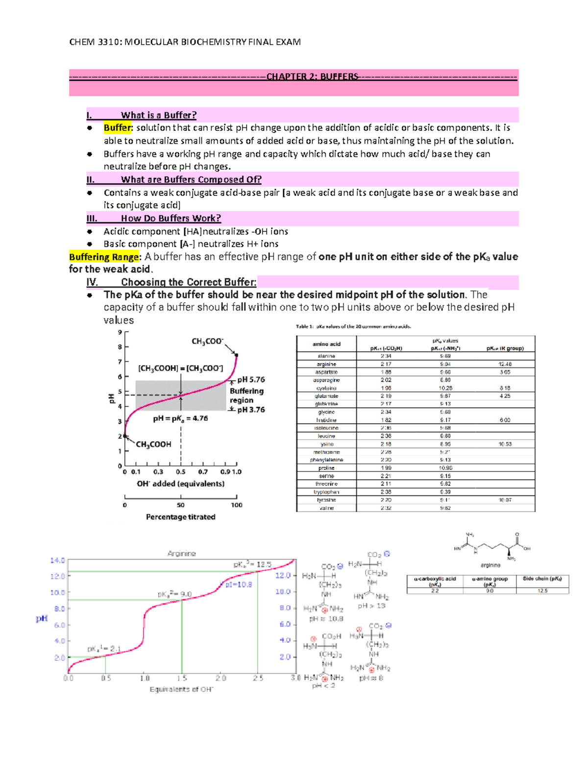 Final EXAM Review-CHEM 3310 -CHAPTER 2: BUFFERS- I. What is a Buffer? Buffer: solution that can ...