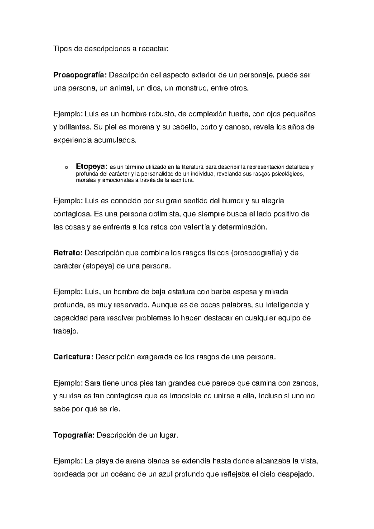 Letras - Resumen - Tipos de descripciones a redactar: Prosopografía ...