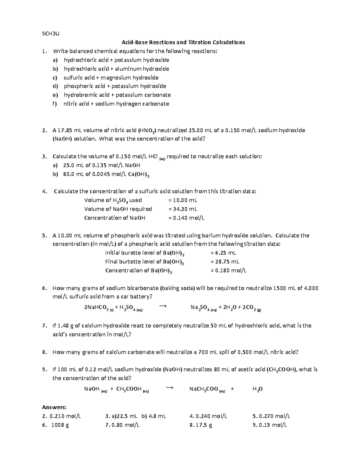 SS13 - Titration Calculations Worksheet - SCH3U Acid-Base Reactions and ...