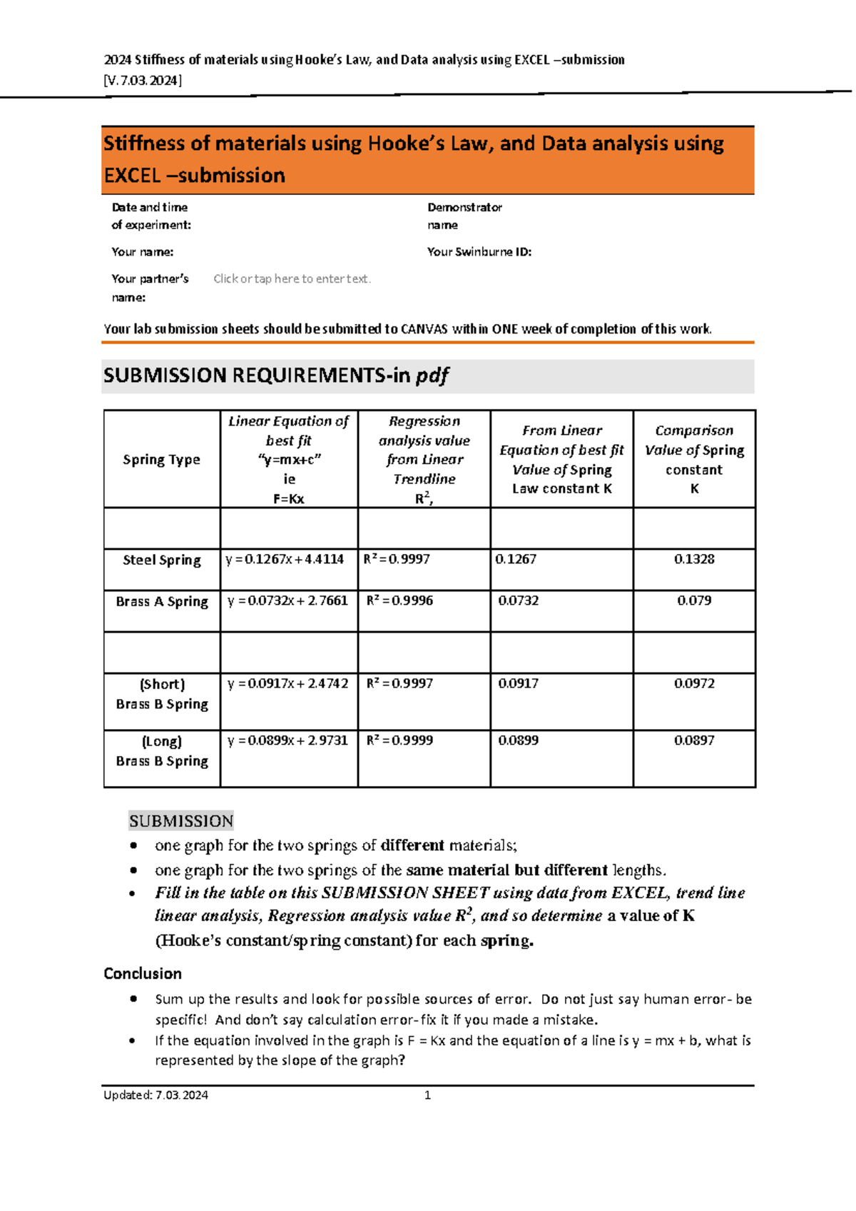 2024 Stiffness of Materials using Excel submission - 2024 Stiffness of materials using Hooke’s ...