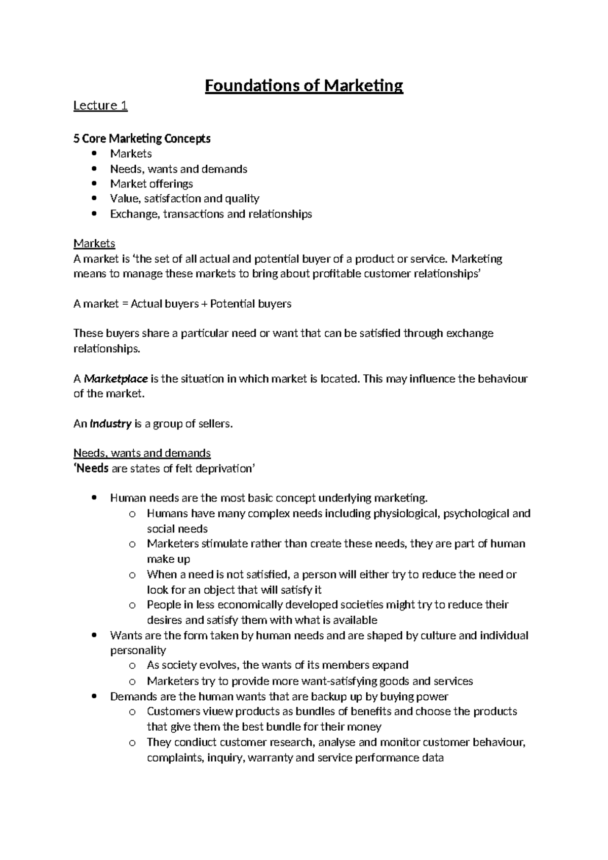 Foundations of Marketing - Foundations of Marketing Lecture 1 5 Core ...