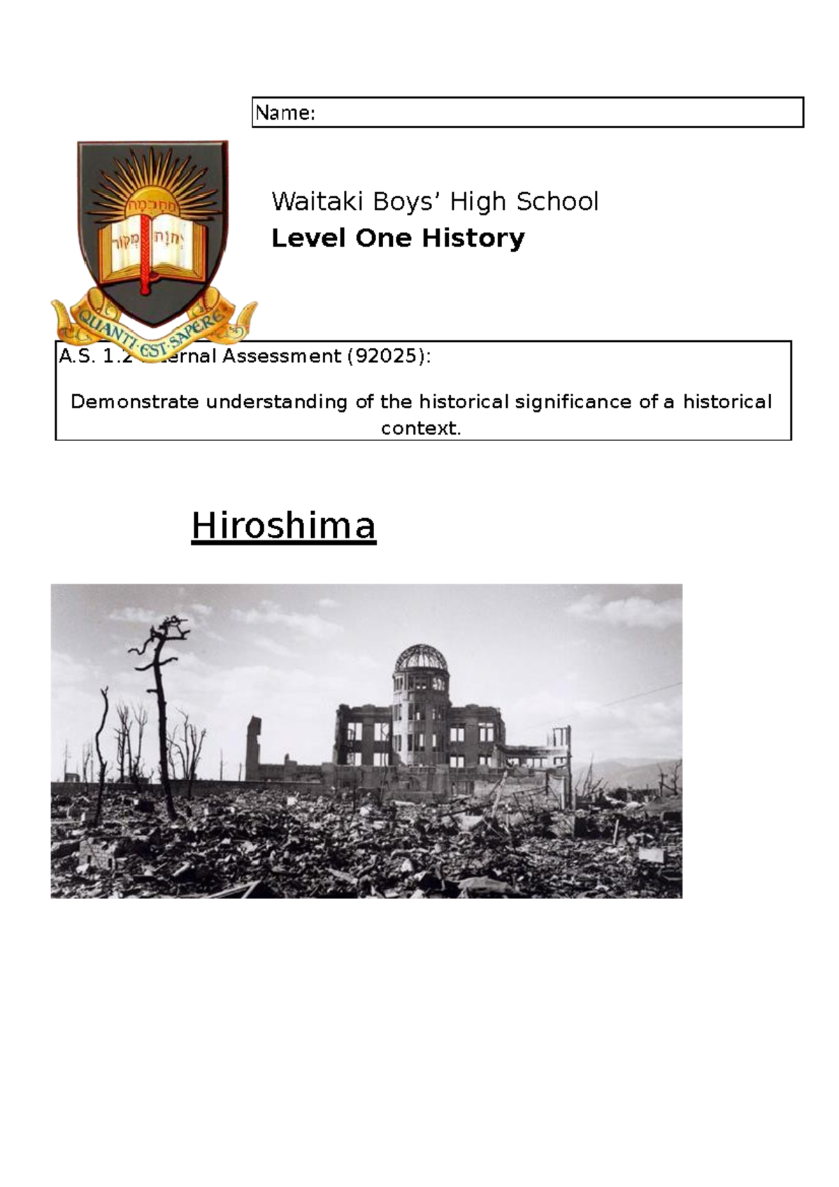 1.2 Hiroshima - Student Helo - Name: Waitaki Boys’ High School Level ...