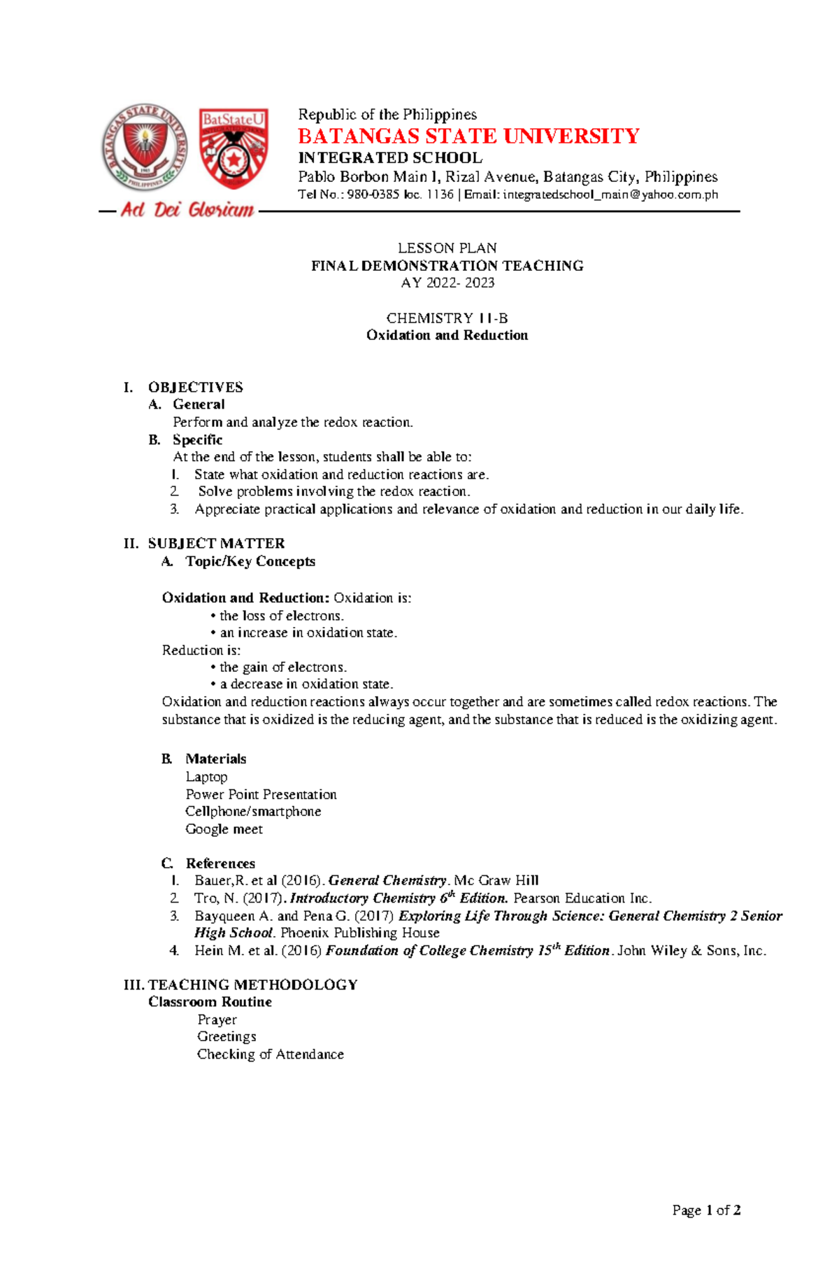 Lesson Plan Final Demo - Republic of the Philippines B ATANGAS STATE ...