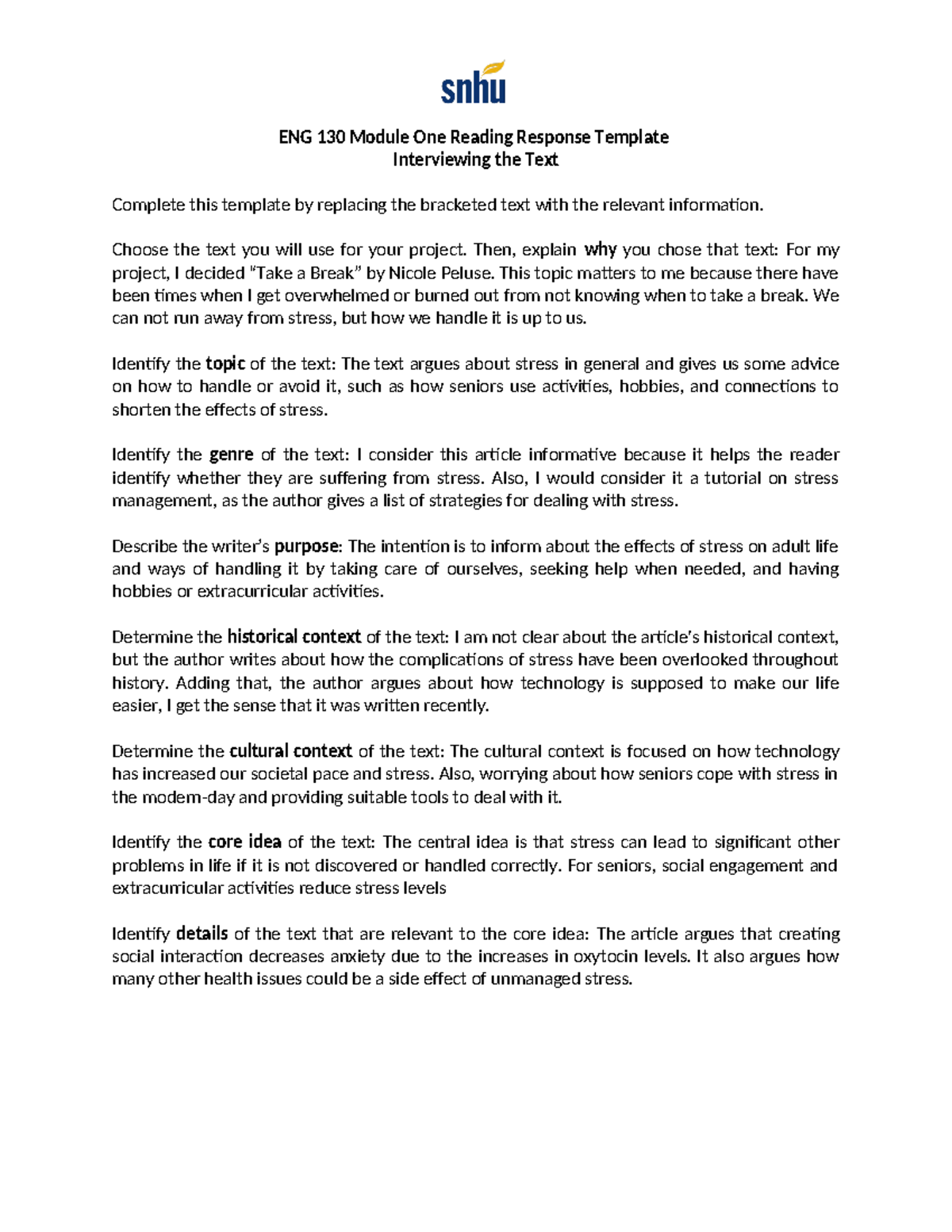 ENG 130 Module One Reading Response - Choose the text you will use for ...