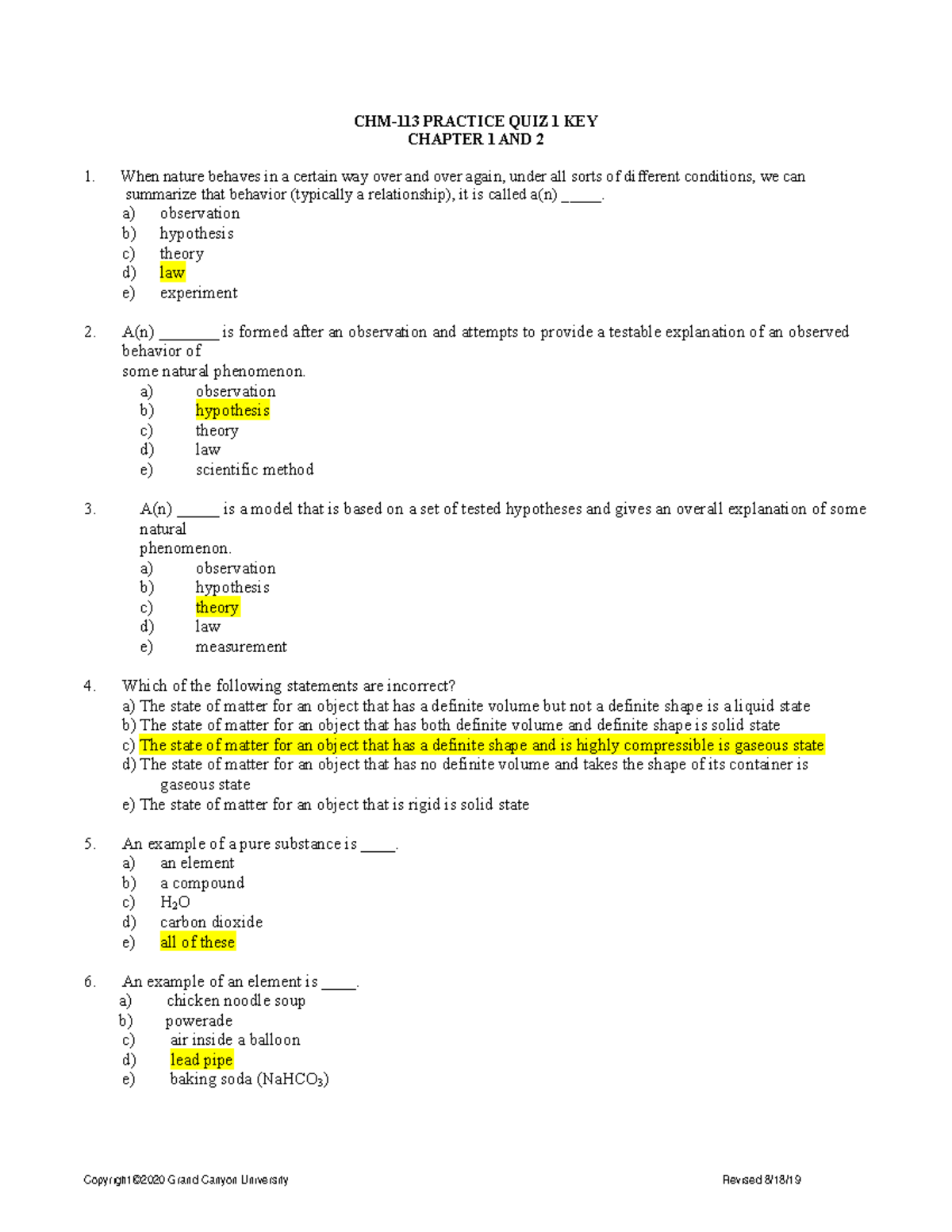 CHM-113 PQ1 Ch1 Ch2 KEY F20 - CHM-113 PRACTICE QUIZ 1 KEY CHAPTER 1 AND ...