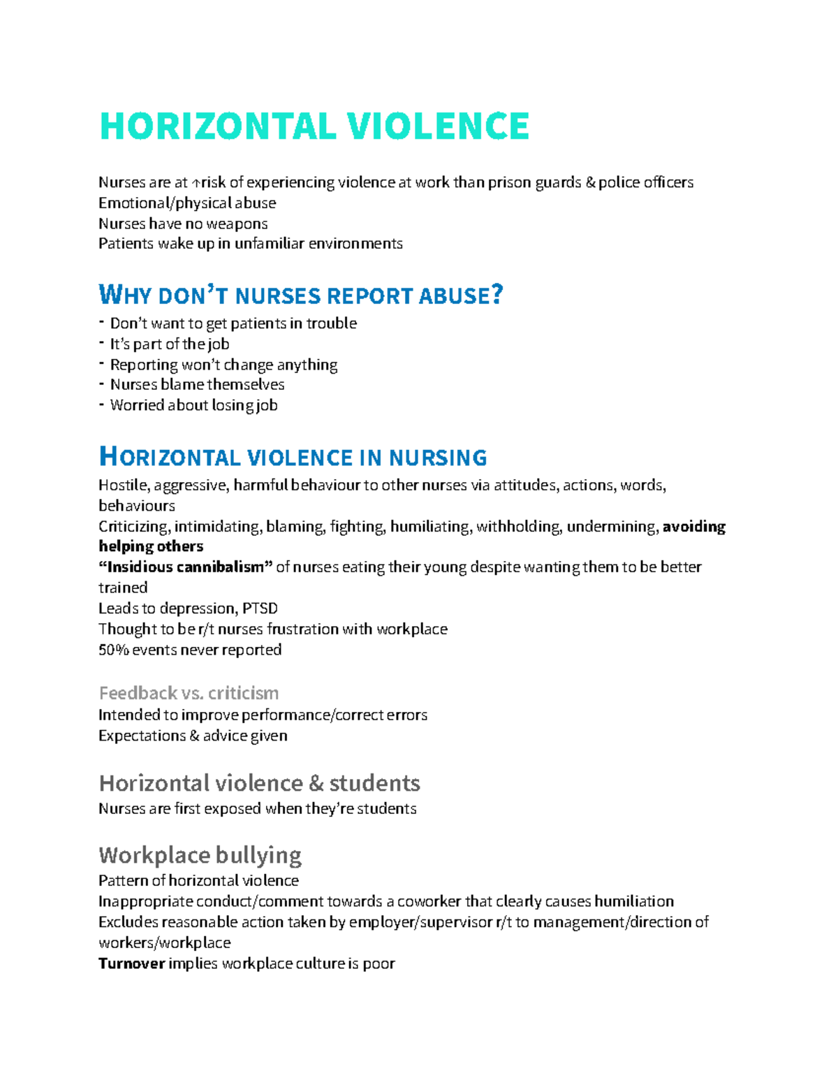 Module 3 - HORIZONTAL VIOLENCE Nurses are at ±risk of experiencing ...