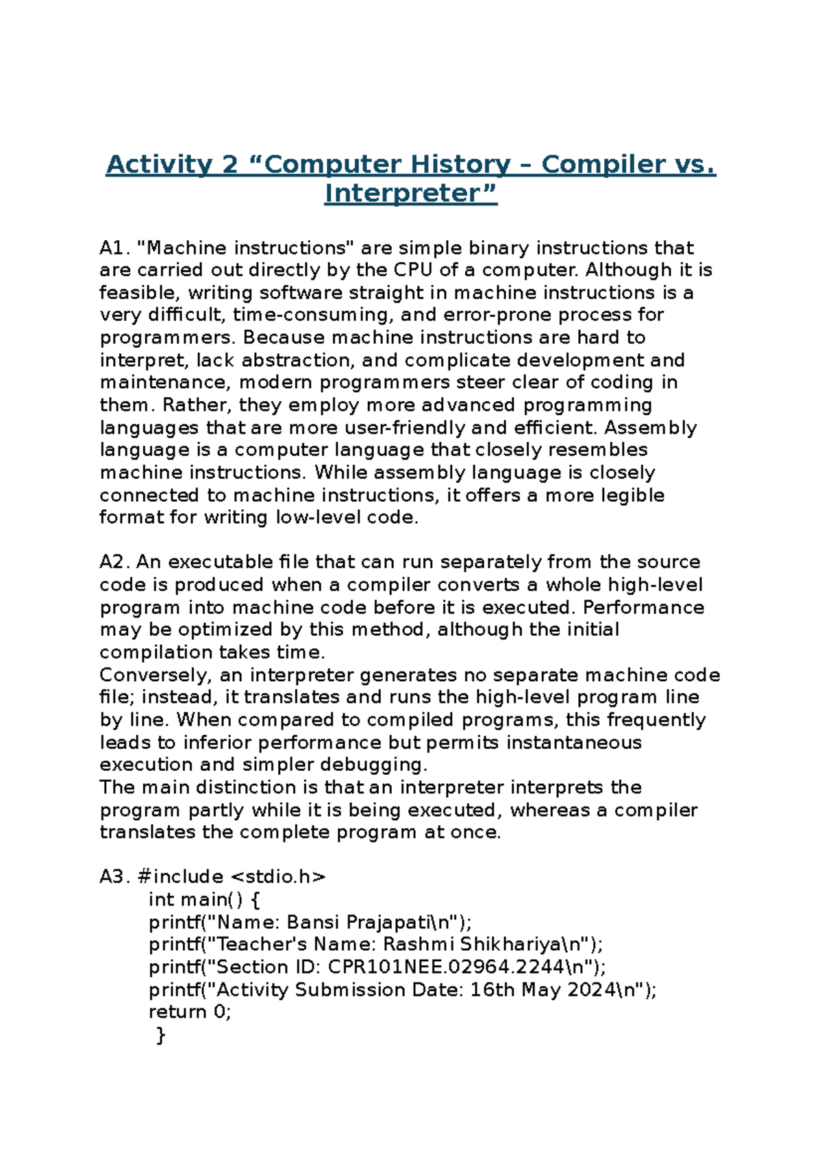 Activity 2 - Activity 2 “Computer History – Compiler vs. Interpreter ...
