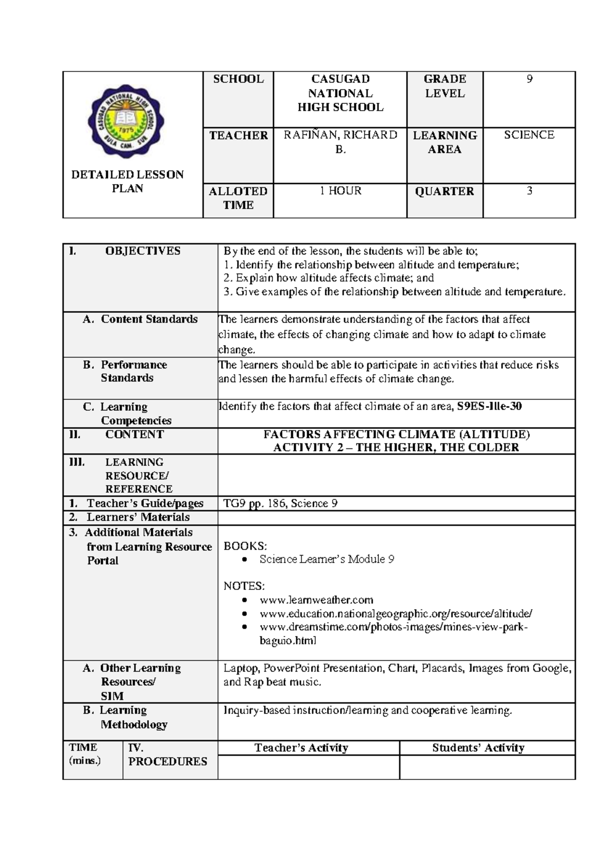 Lesson Plan for Pre Final - DETAILED PLAN LESSON SCHOOL NATIONALCASUGAD ...