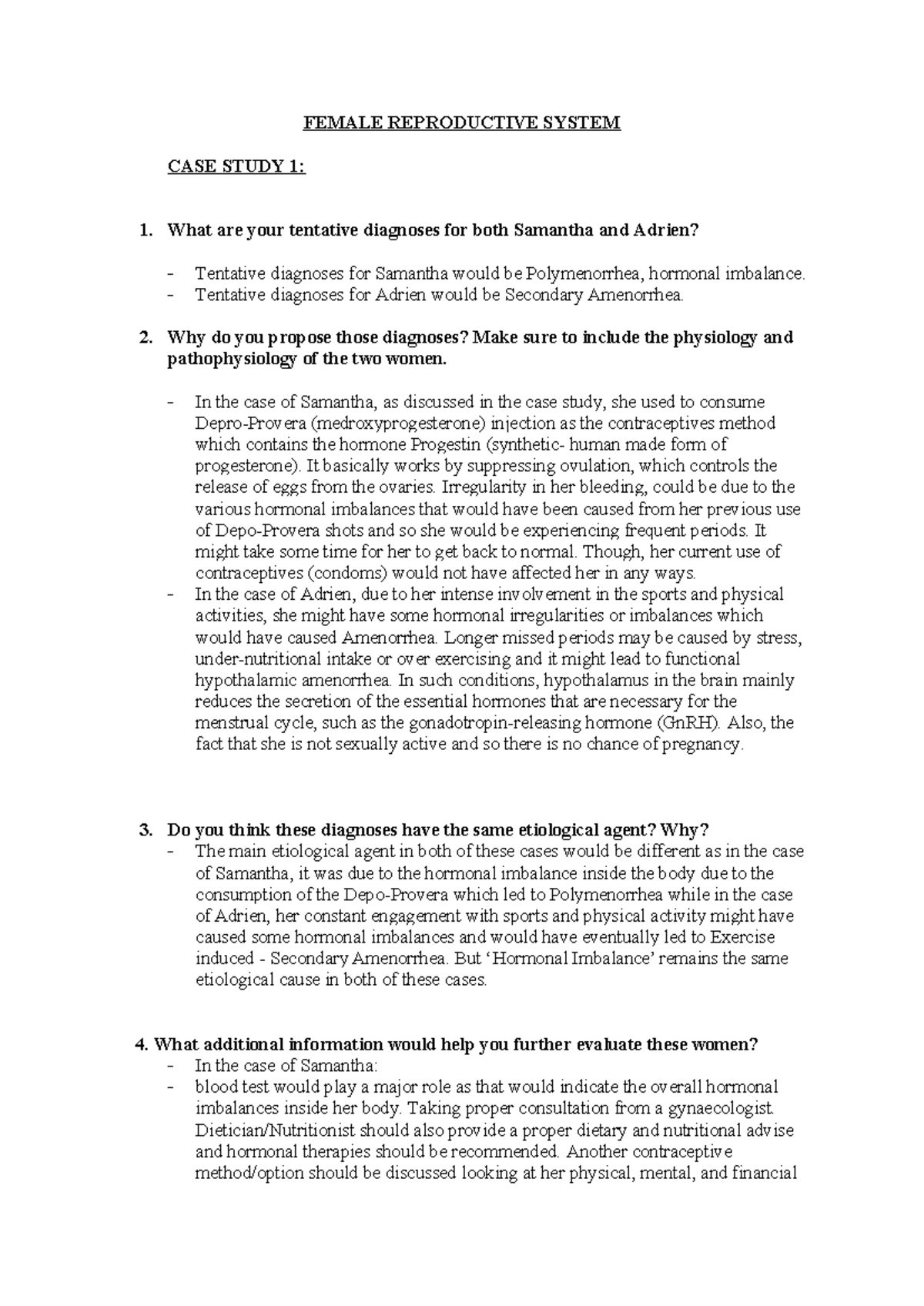 Case Study 1 - homework stuff - FEMALE REPRODUCTIVE SYSTEM CASE STUDY 1 ...