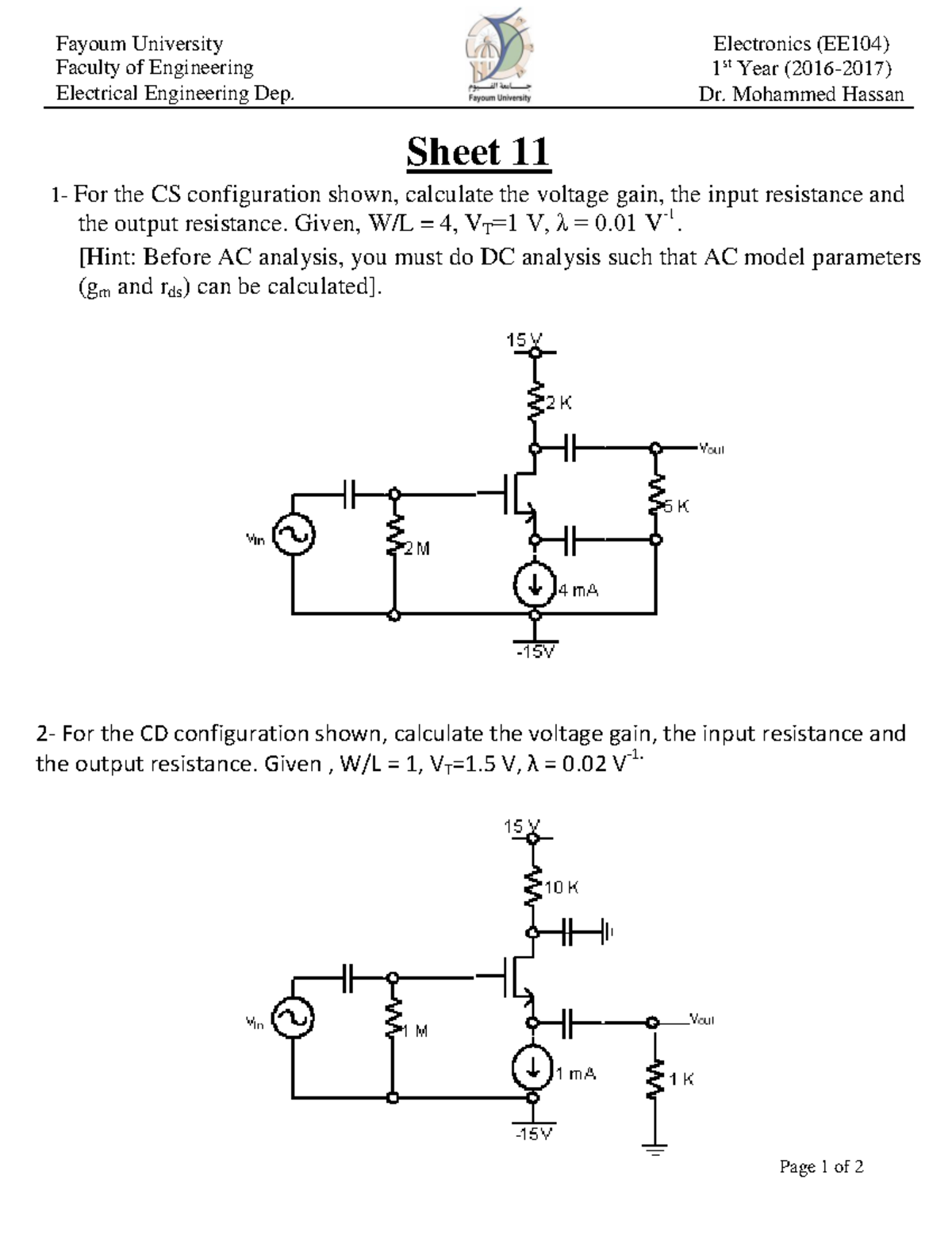 Sheet 11 - Fayoum University Faculty of Engineering Electrical ...