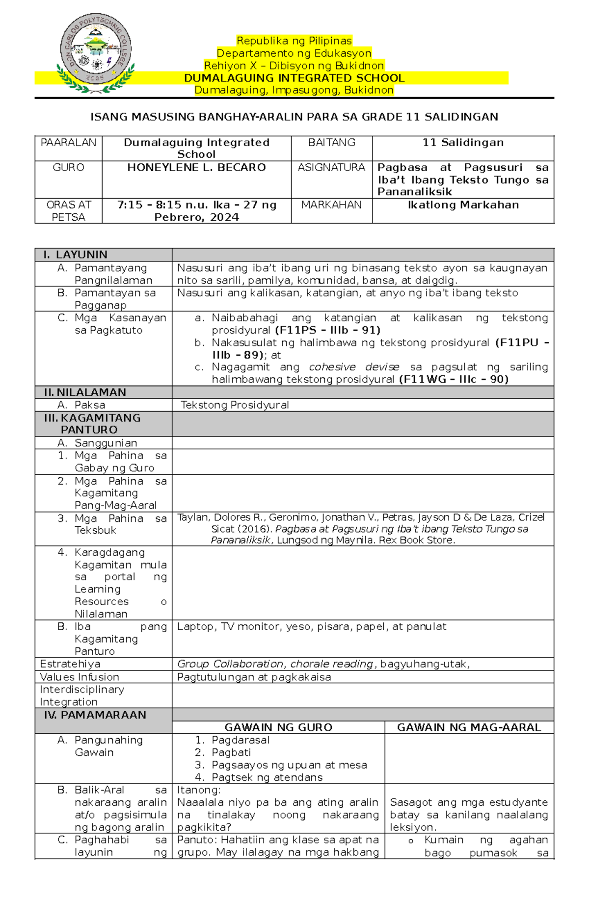 DLP- Format- Deped - wakobfgfhhn - Republika ng Pilipinas Departamento ...