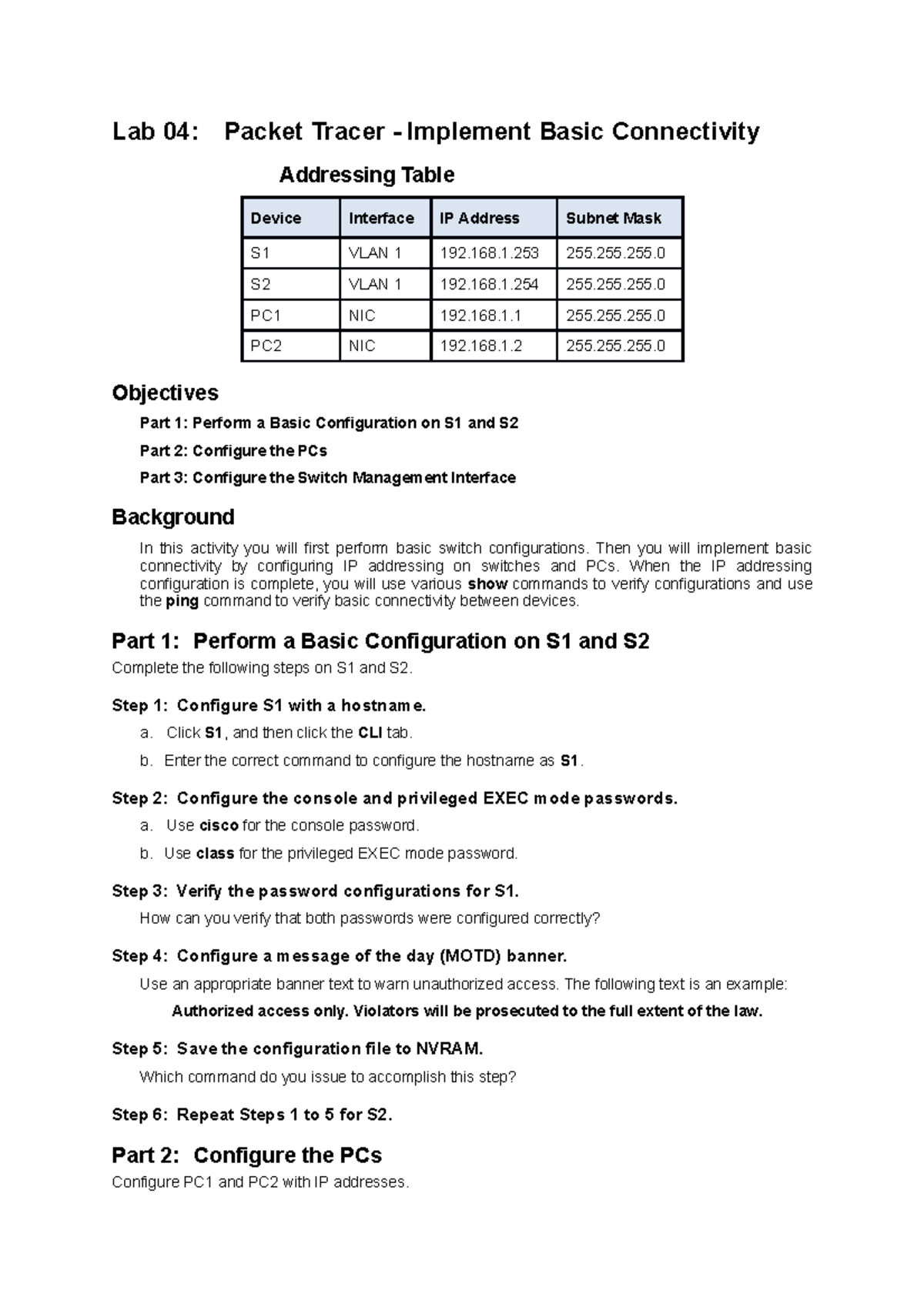 Lab 04 cisco - erre - Lab 04: Packet Tracer - Implement Basic Connectivity Addressing Table ...