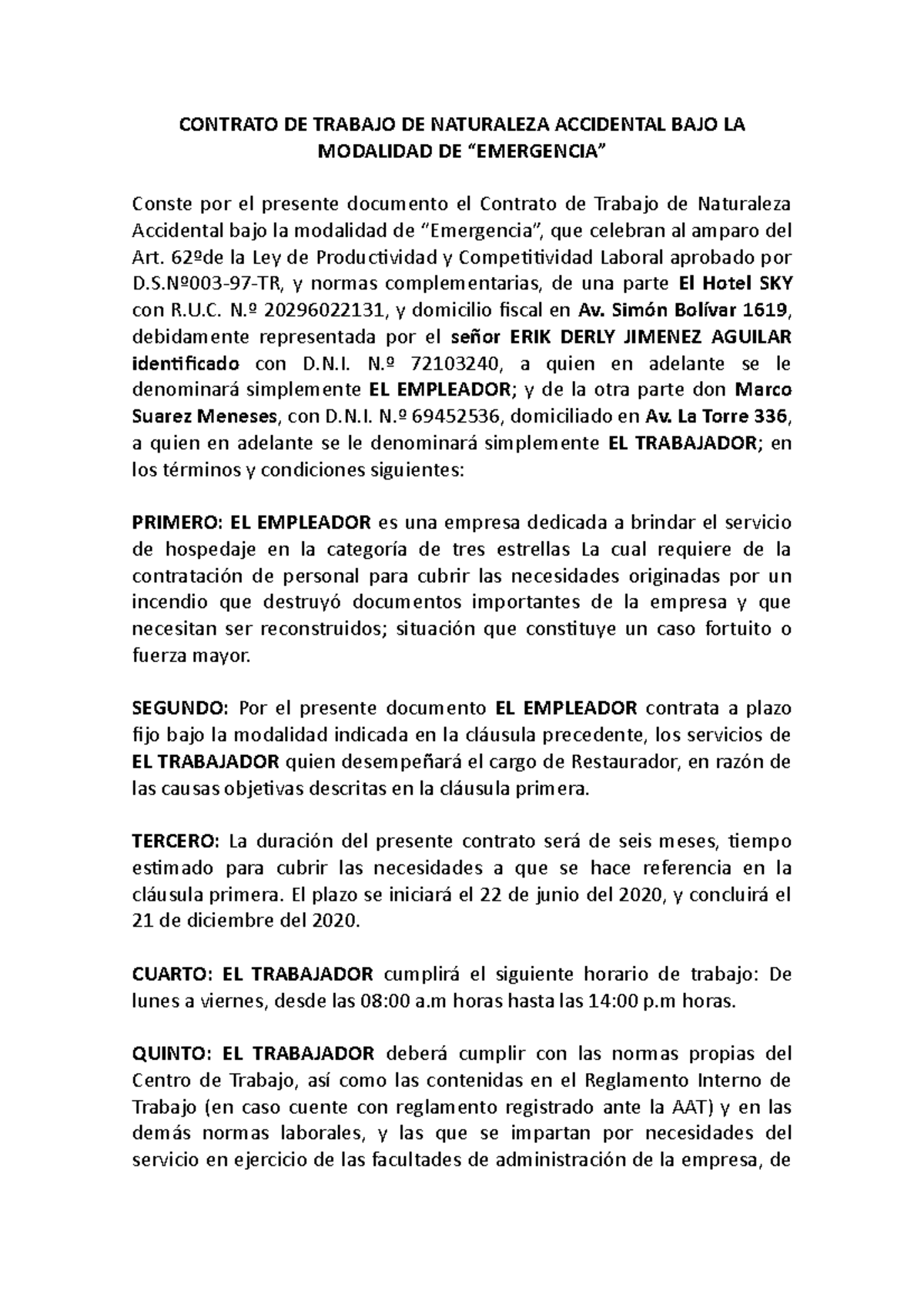 Contrato DE Trabajo - CONTRATO DE TRABAJO DE NATURALEZA ACCIDENTAL BAJO LA MODALIDAD DE ...