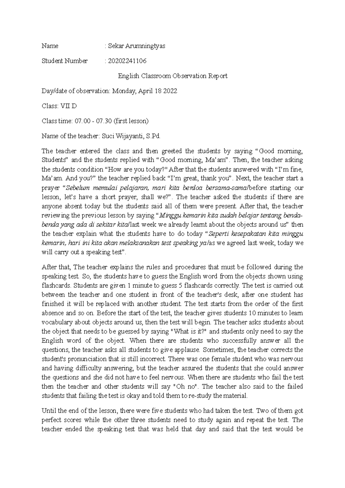 English classroom observation report - Name : Sekar Arumningtyas ...