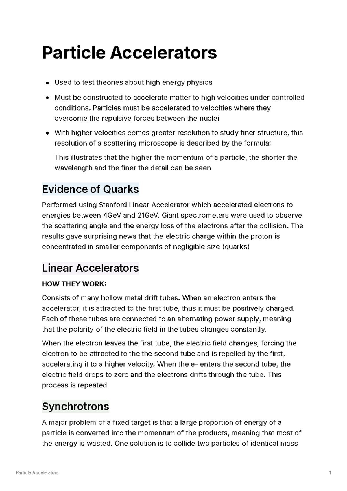 Particle Accelerators - Particles must be accelerated to velocities ...