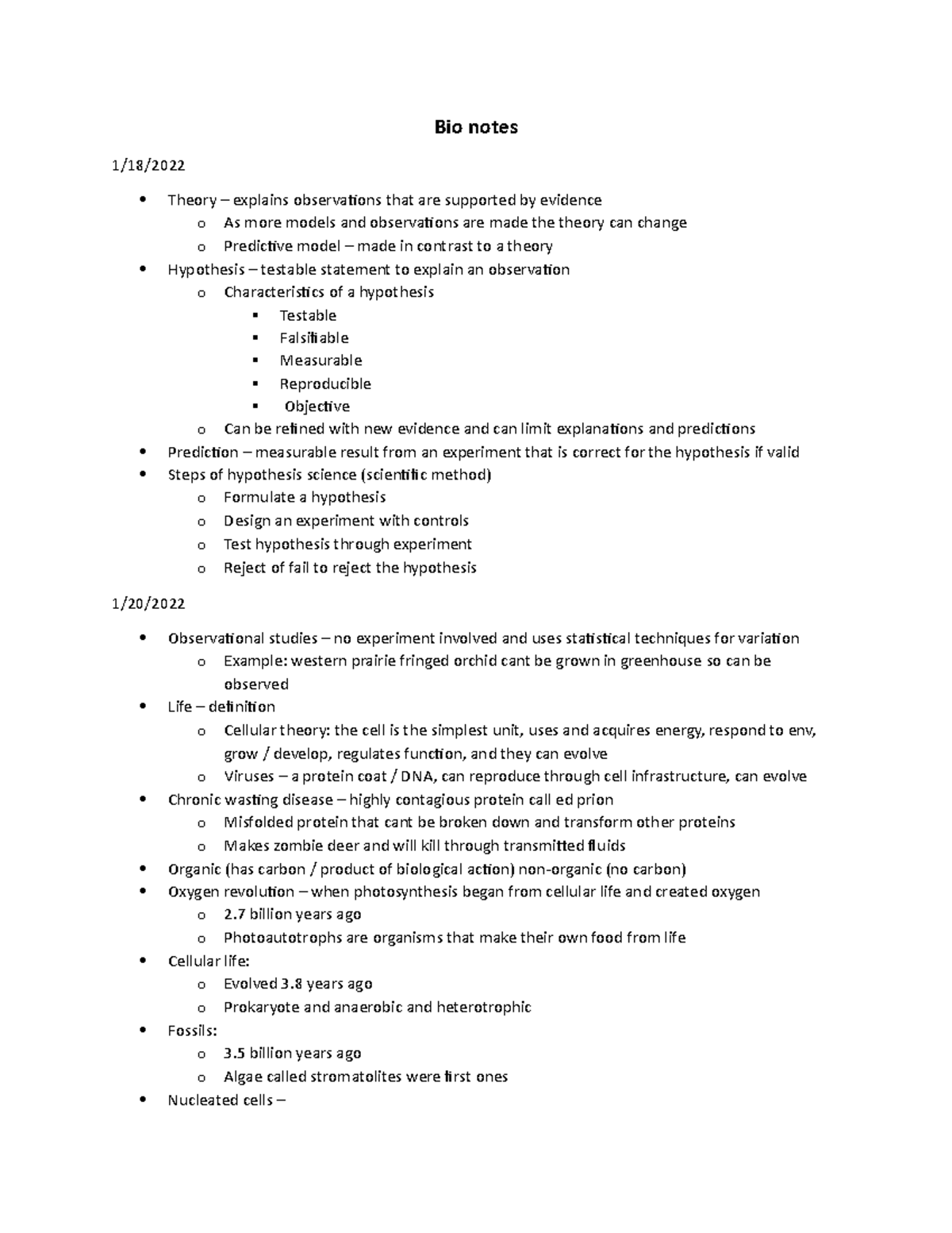 Bio 211 Course Notes - Bio notes 1/18/ Theory – explains observations ...