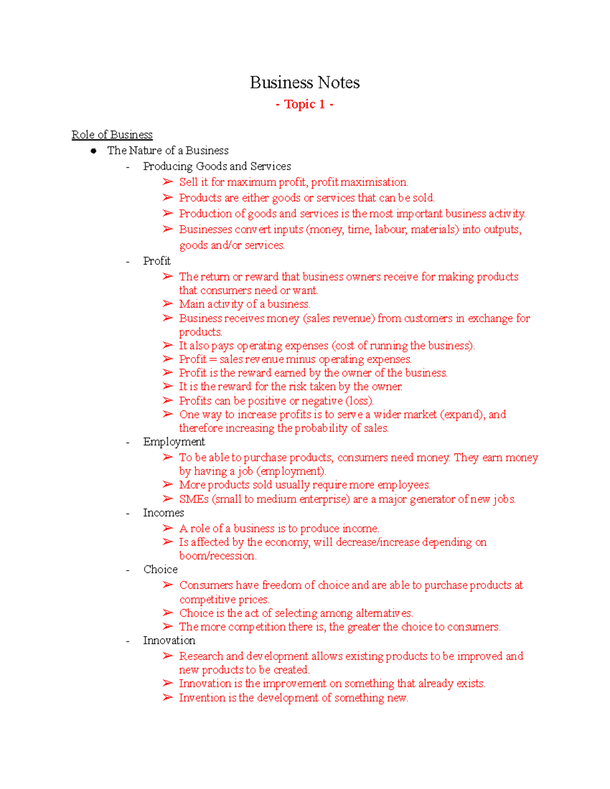 Business Topic 1 Notes - Business Notes - Topic 1 - Role of Business ...