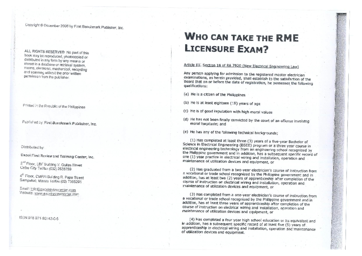 RME Licensure Exam Reviewer - Copyright December 2006 First Benchmark ...