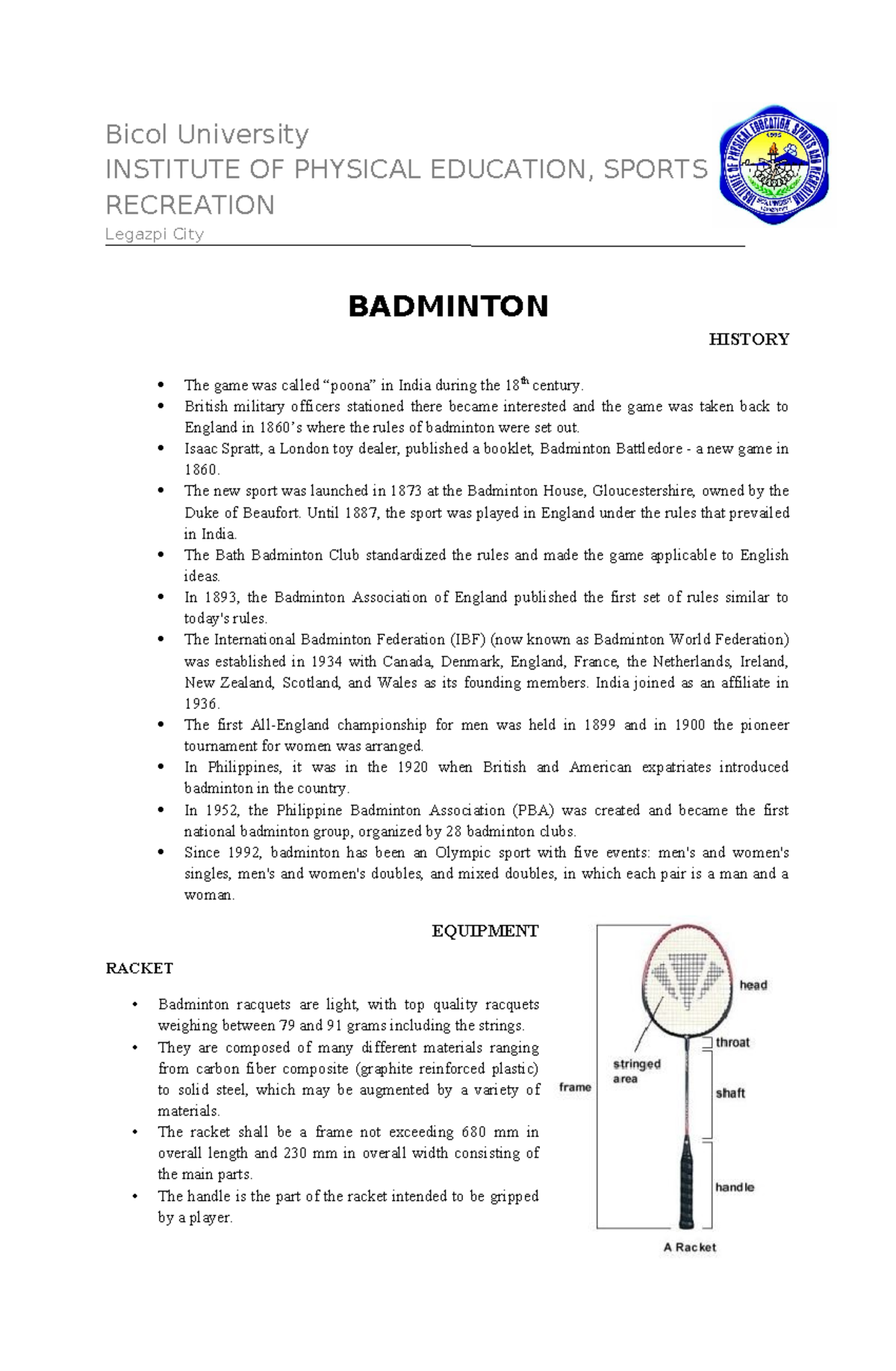 Badminton - This is needed by students - Bicol University INSTITUTE OF ...