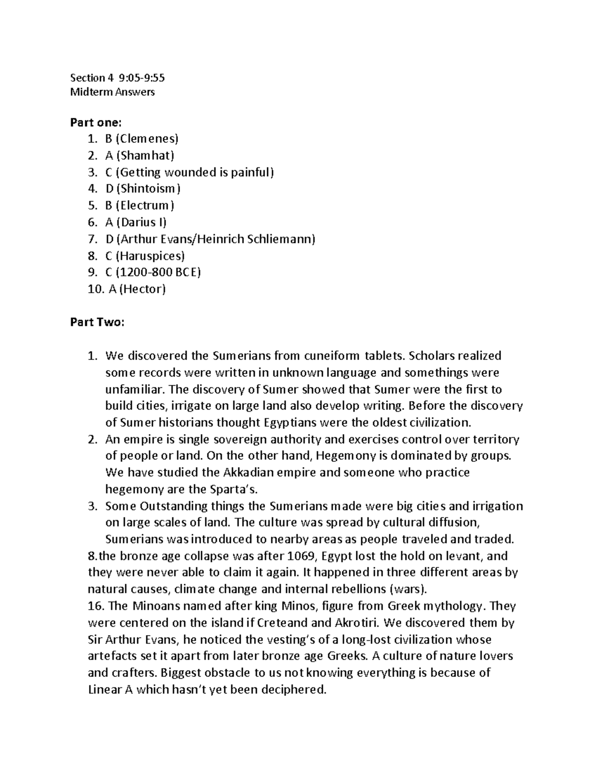 World History Mid Term-2 - Section 4 9:05-9: Midterm Answers Part one ...