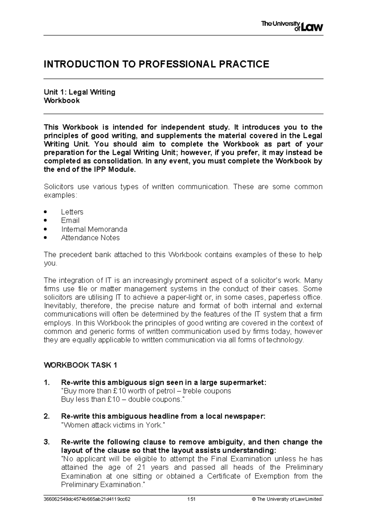 Legal Writing Workbook - INTRODUCTION TO PROFESSIONAL PRACTICE Unit 1 ...