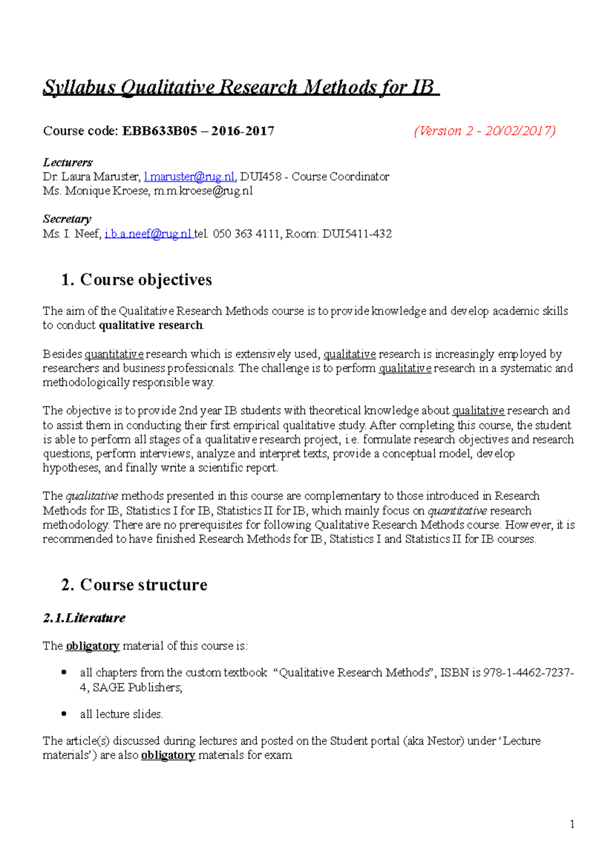 Syllabus Qualitative Research Methods IB 2016-2017 (version 2) (12 ...