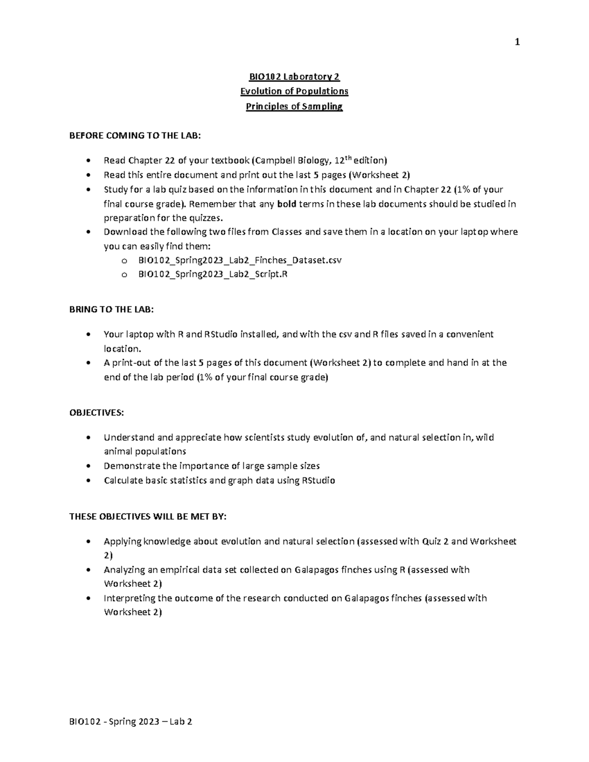 BIO102 Spring 2023 Lab2 Evolution Of Populations - 1 BIO102 - Spring 2023 – Lab 2 BIO102 ...