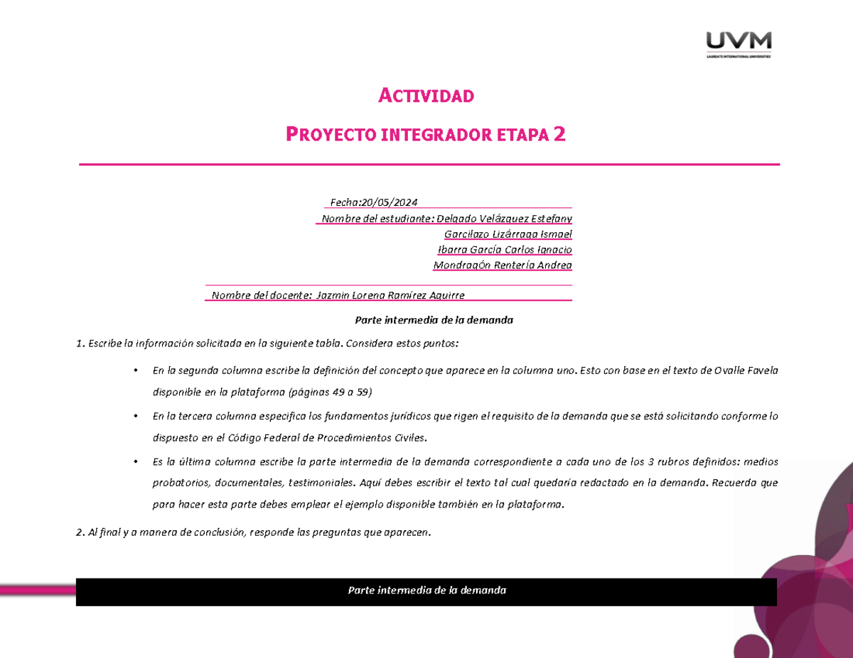 A6 EQ#2 - Ayuda - Parte intermedia de la demanda A CTIVIDAD P ROYECTO INTEGRADOR ETAPA 2 - Studocu