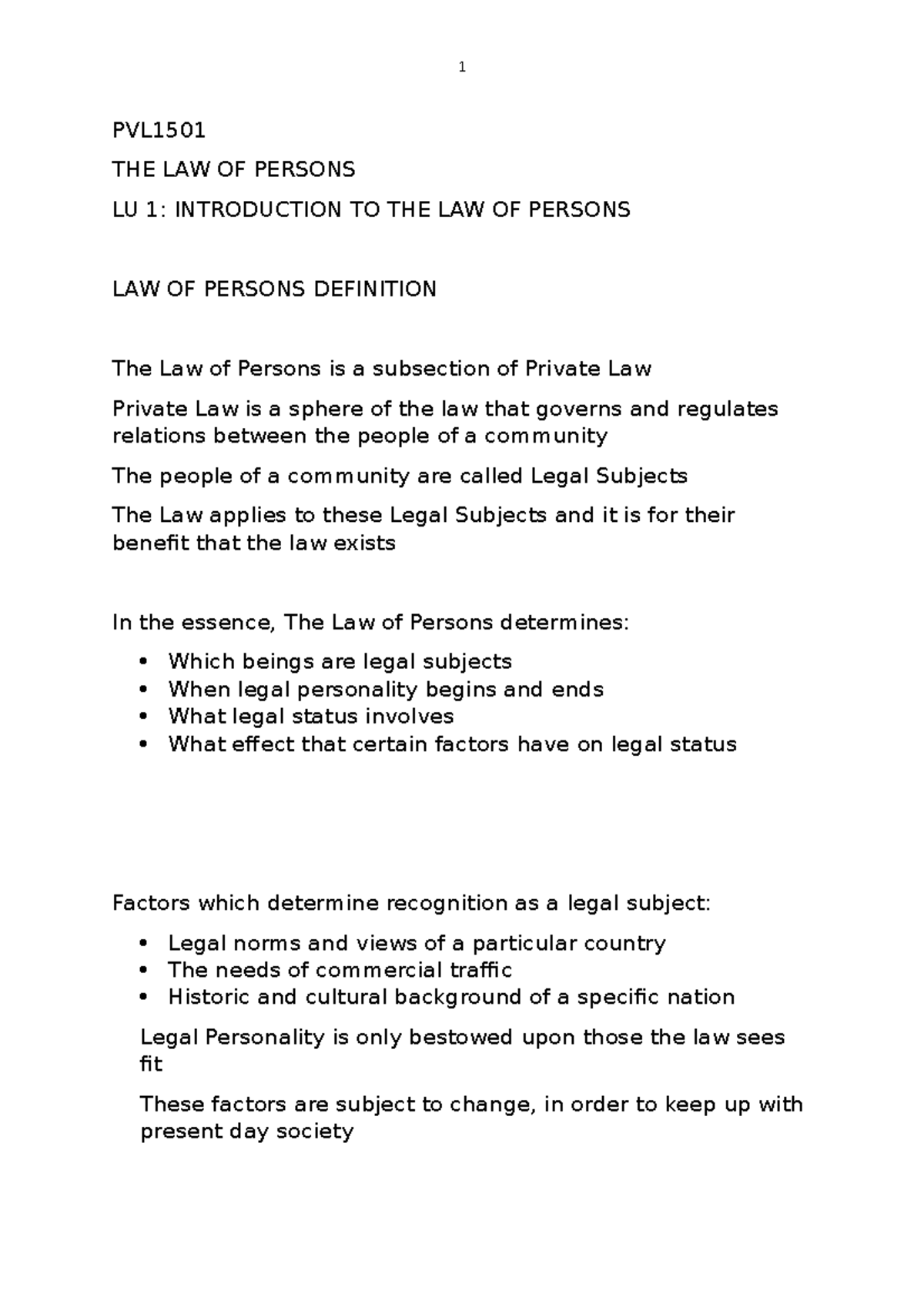 LU 1 study notes Introduction - PVL THE LAW OF PERSONS LU 1 ...