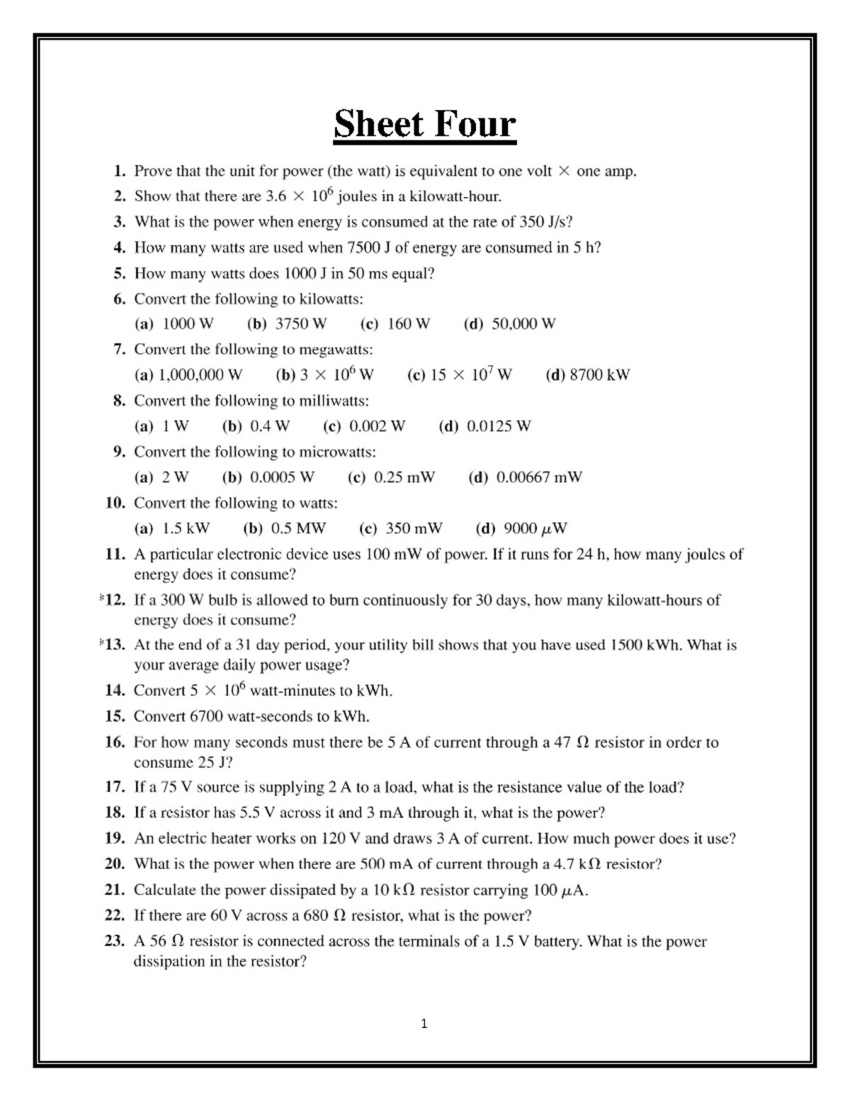 Sheet 4 - Tutorial work - Sheet Four 1. Prove that the unit for power ...