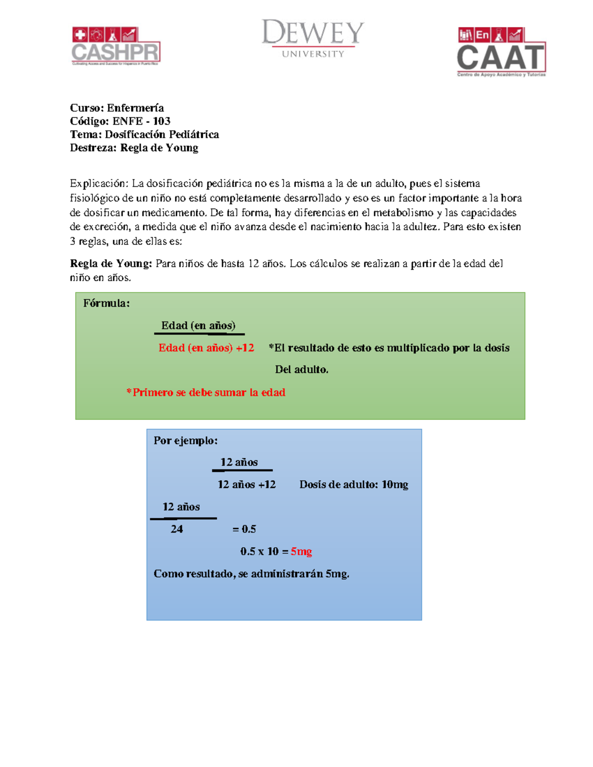 Regla-de-Young - Posología - Curso: Enfermería Código: ENFE - 103 Tema ...