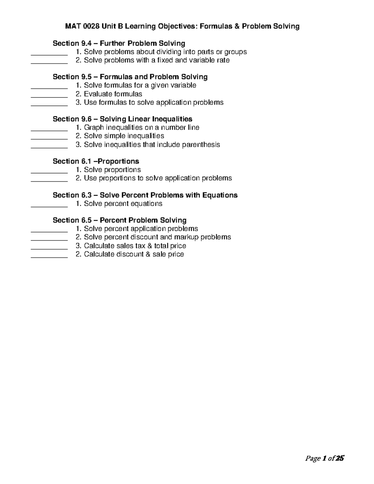 0028 Formulas Student Packet - MAT 0028 Unit B Learning Objectives ...
