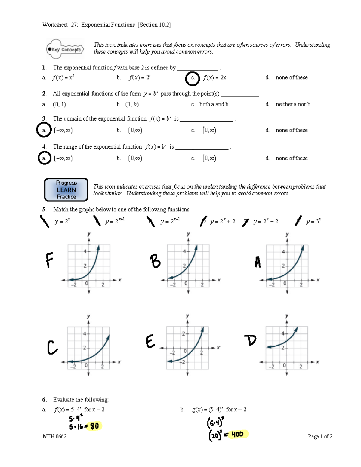 Worksheet 27-Exponential Functions 10 - MTH 0662 Page 1 of 2 Worksheet ...