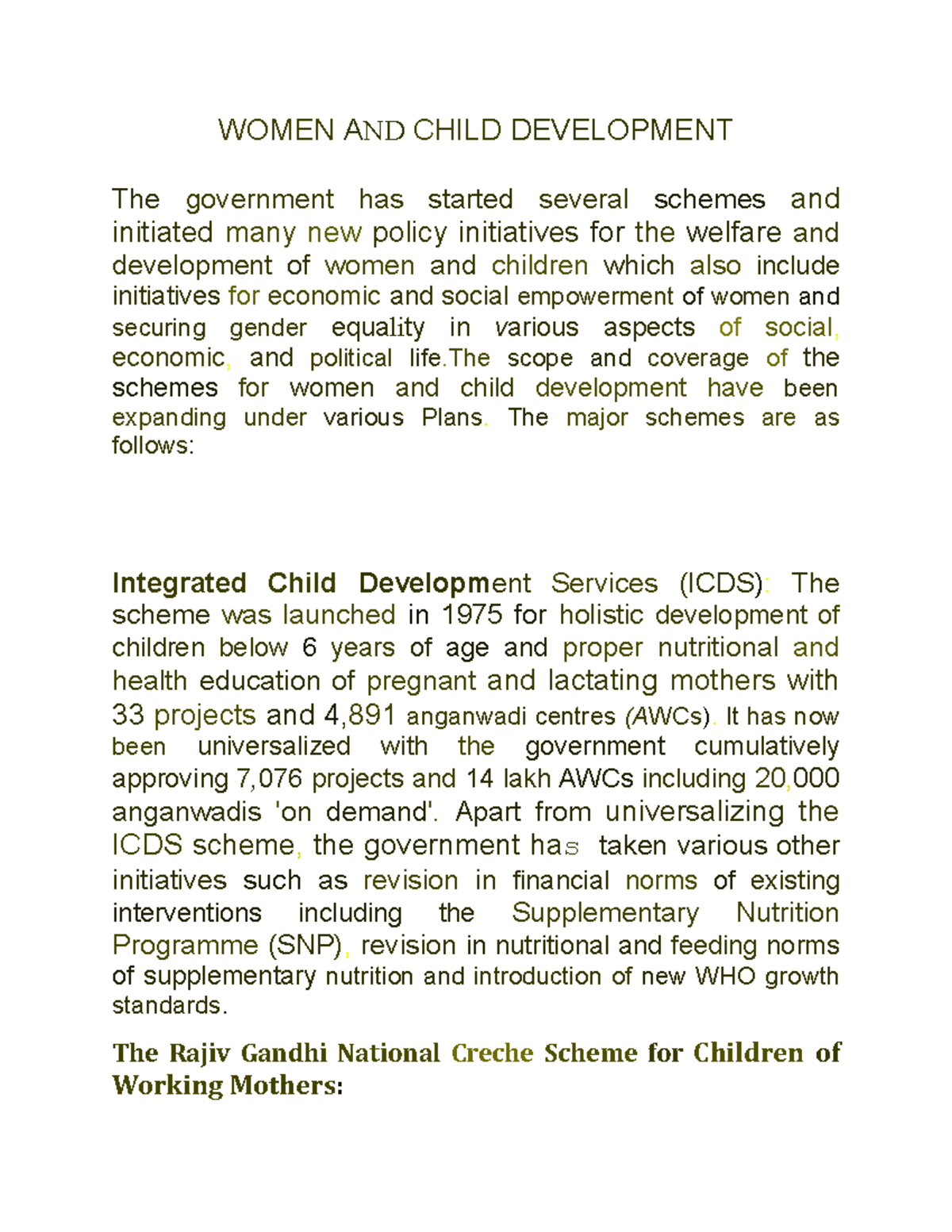 Women AND Child Development - WOMEN AND CHILD DEVELOPMENT The ...