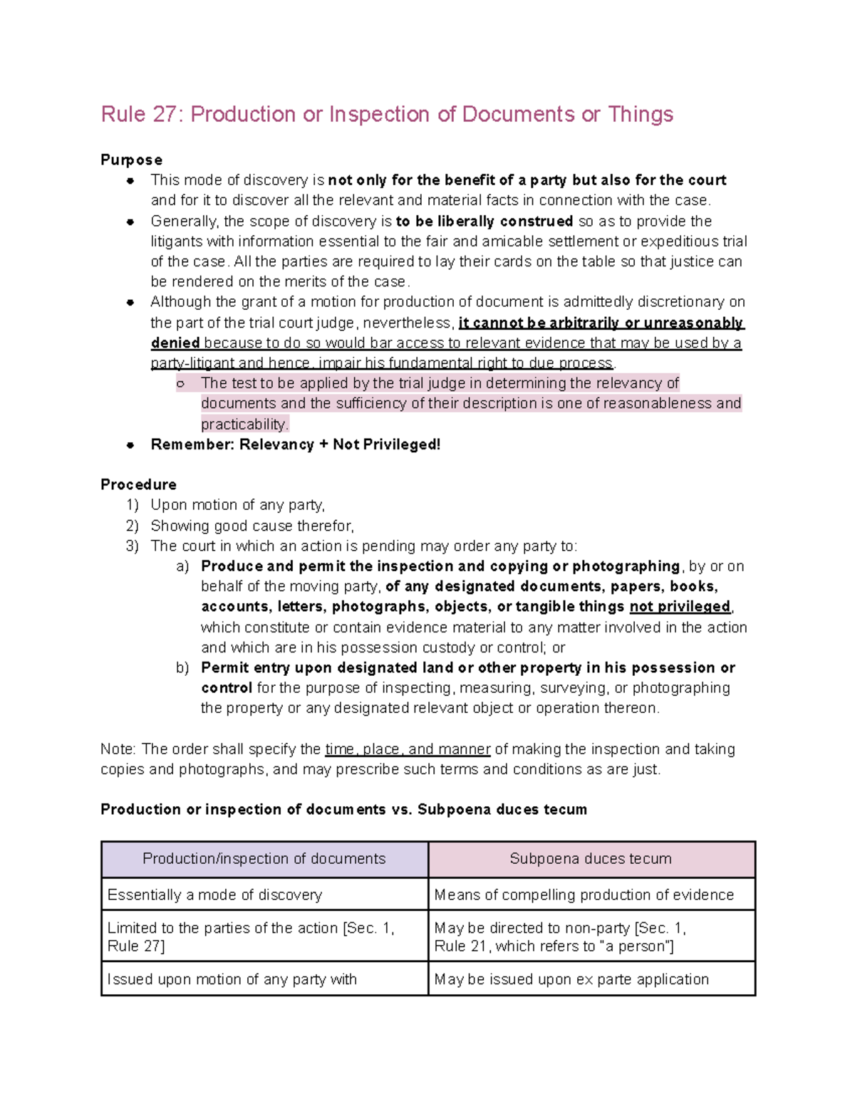 Modes of Discovery (Atty. VYE) - Rule 27: Production or Inspection of ...