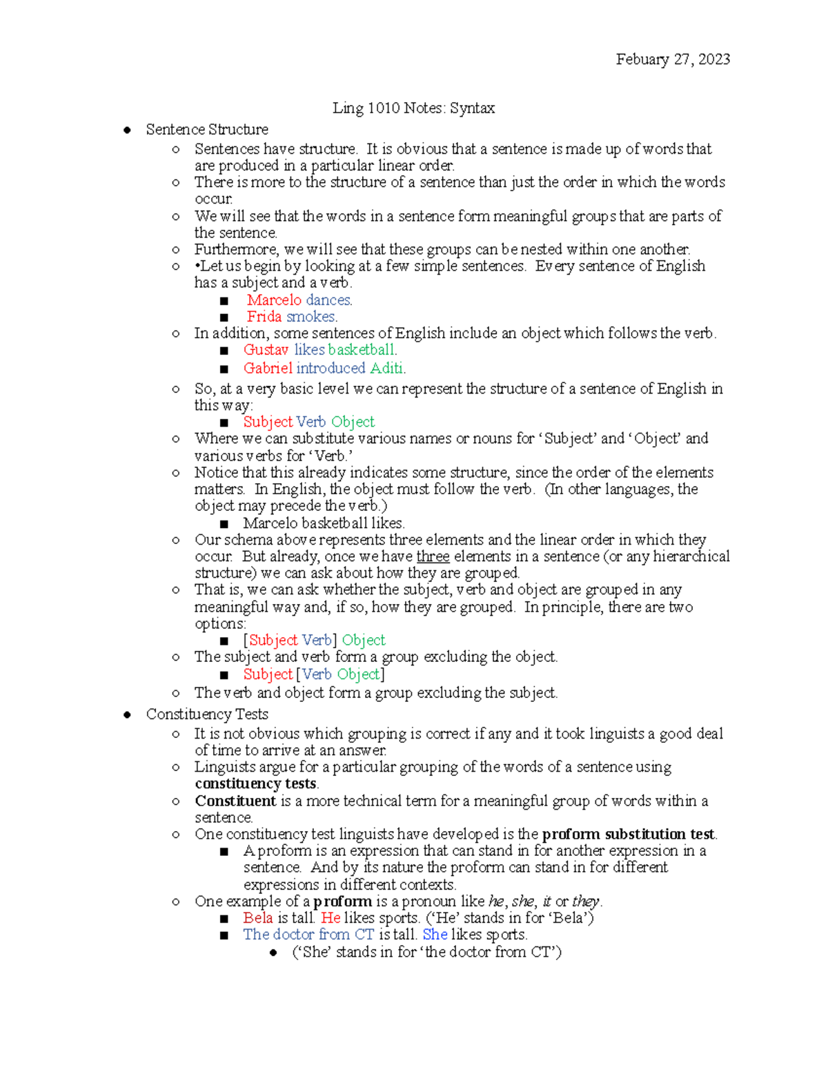 Ling 1010 Notes Syntax - Ling 1010 Notes: Syntax Sentence Structure ...