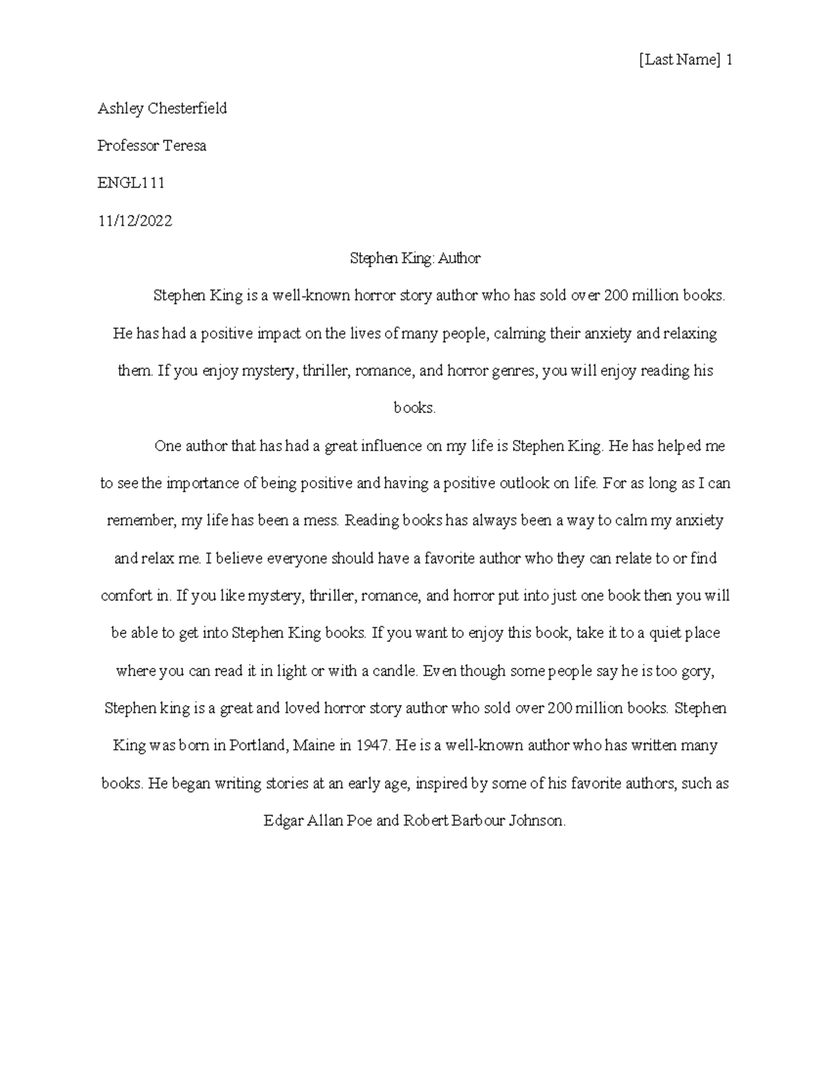 Document - Homework on writing - [Last Name] 1 Ashley Chesterfield ...
