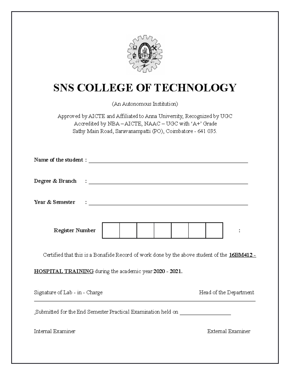 Biomedical Hospital Training Report - SNS COLLEGE OF TECHNOLOGY (An ...