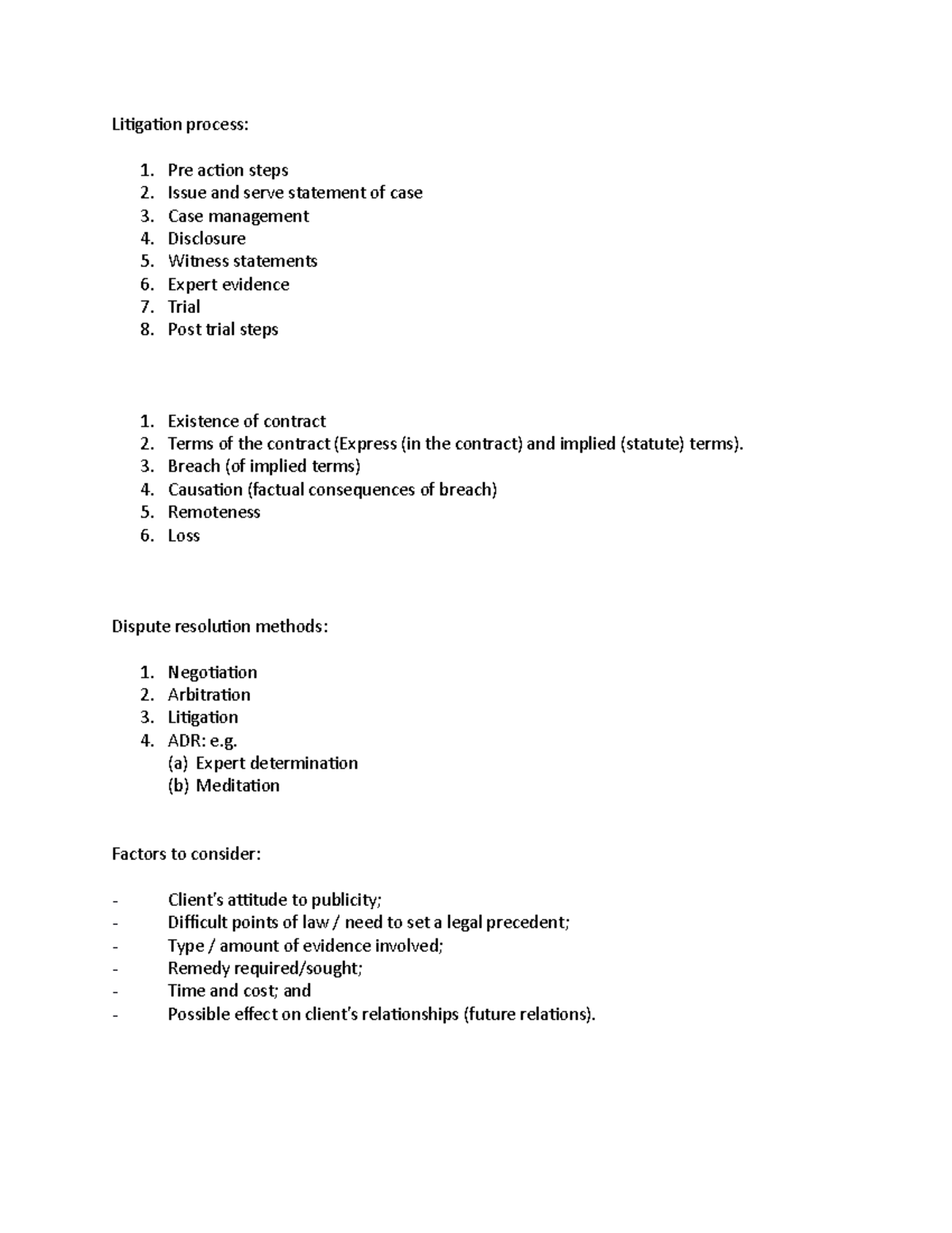 DR WS 1 notes - Litigation process: Pre action steps Issue and serve ...