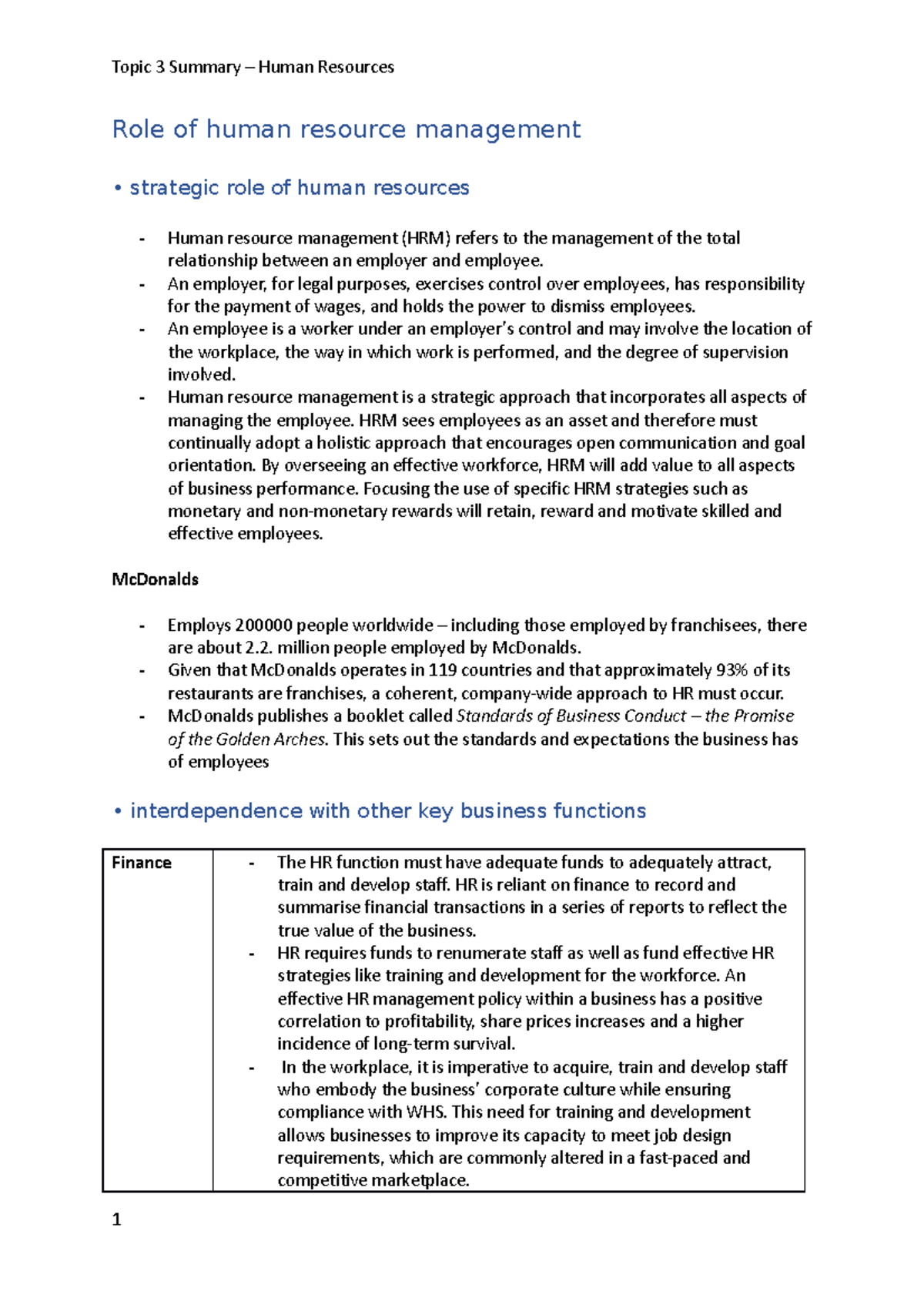 Topic 3 Summary - Human Resources - Role of human resource management ...