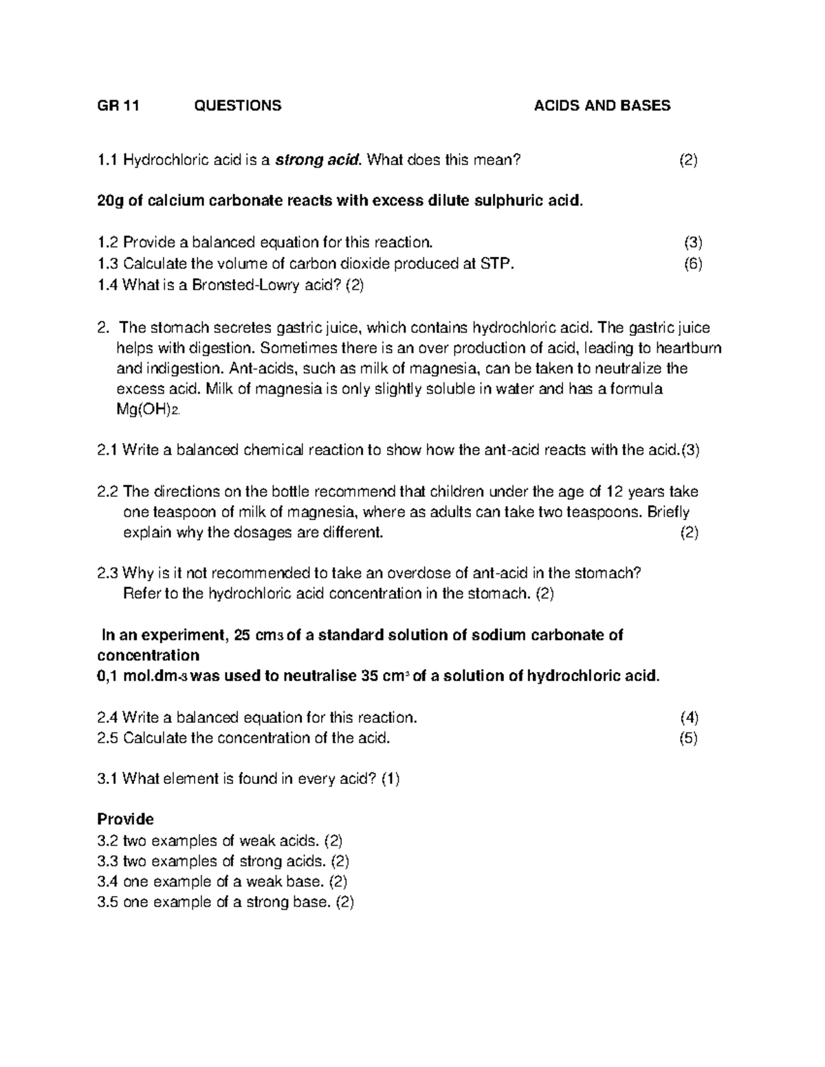 GR 11 Questionsacids AND Bases - GR 11 QUESTIONS ACIDS AND BASES 1 ...