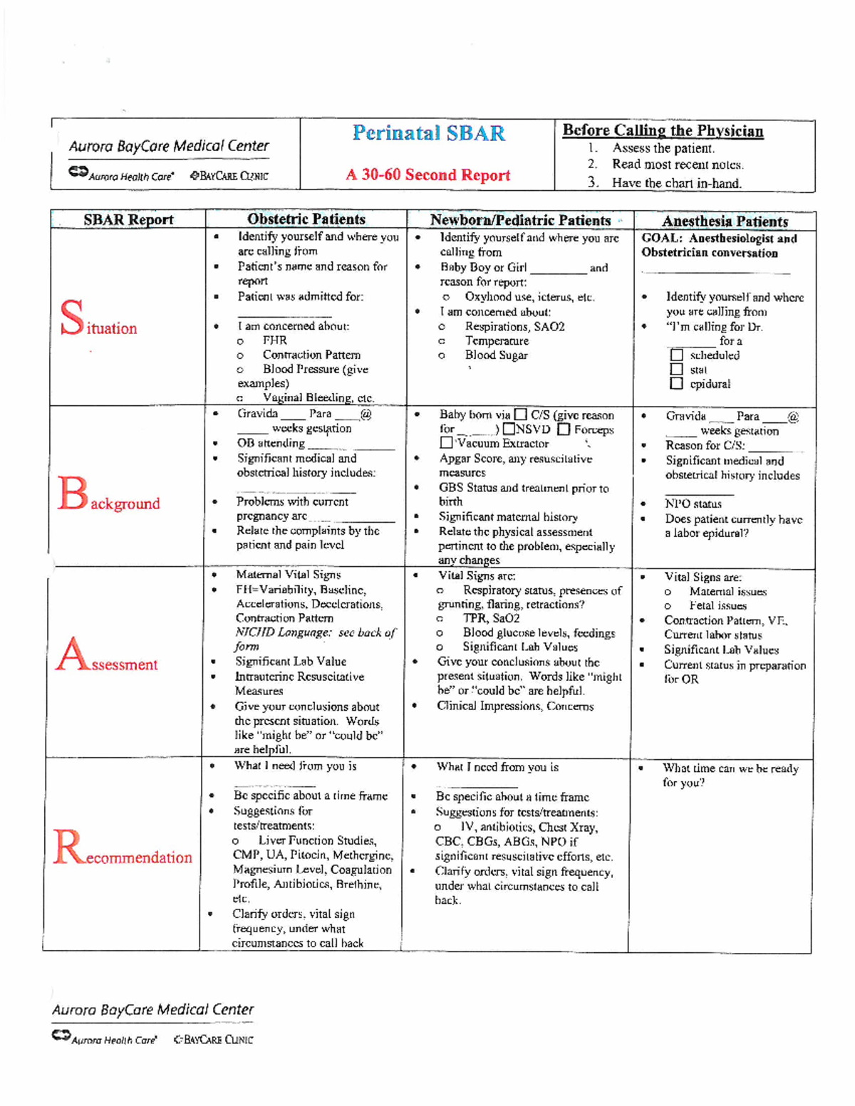 Sbar handout - SBAR sheet - Perinatal SBAR Before Calling the Physician ...