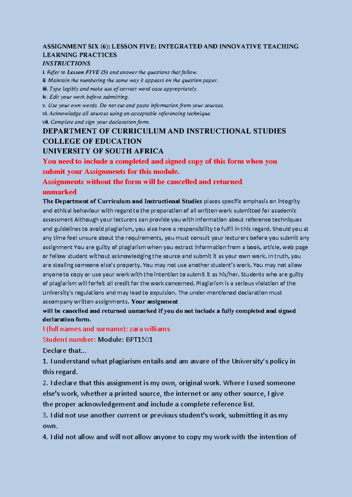 BPT1501 Assignment SIX Zaraw - ASSIGNMENT SIX (6): LESSON FIVE ...