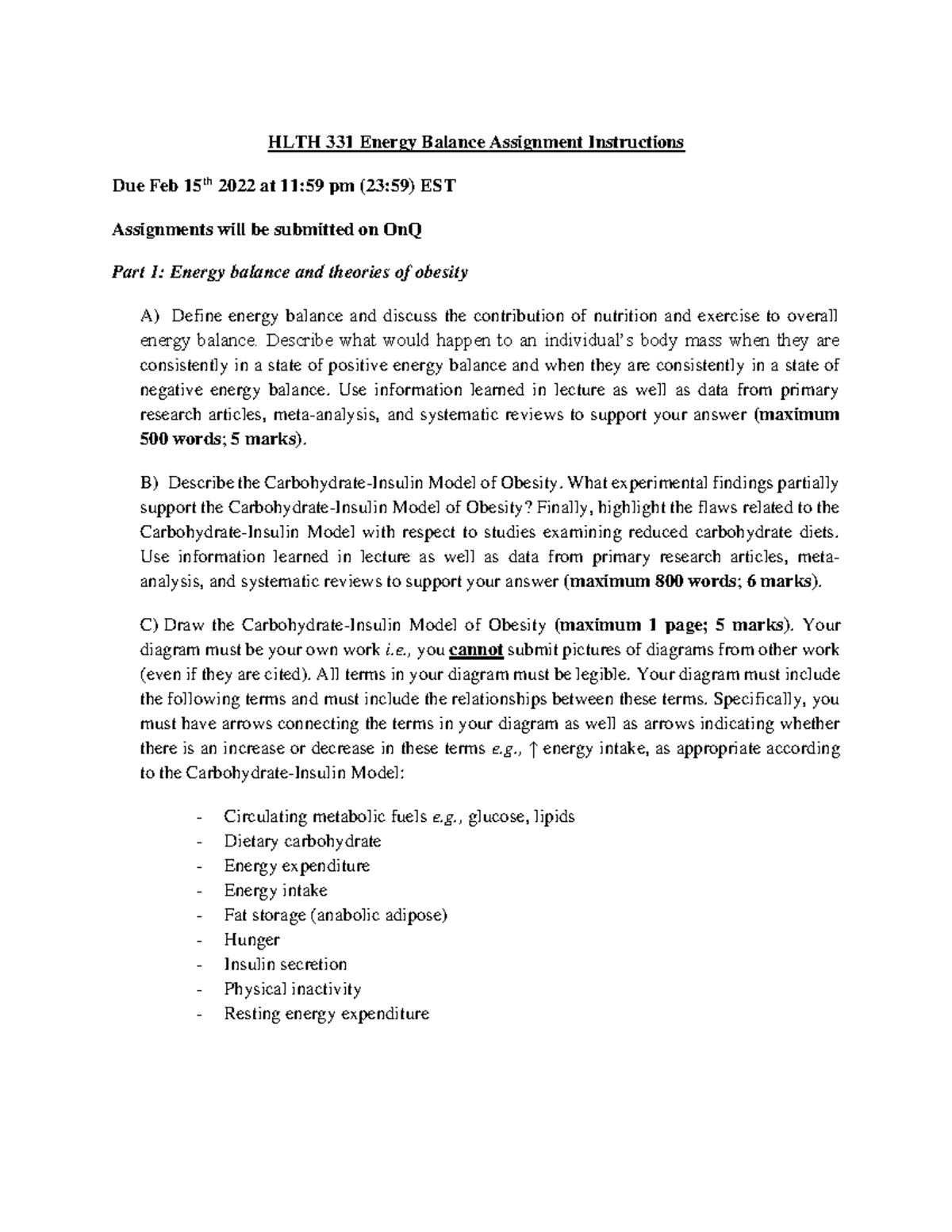 HLTH331 Energy Balance Assignment Instructions Final - HLTH 331 Energy ...